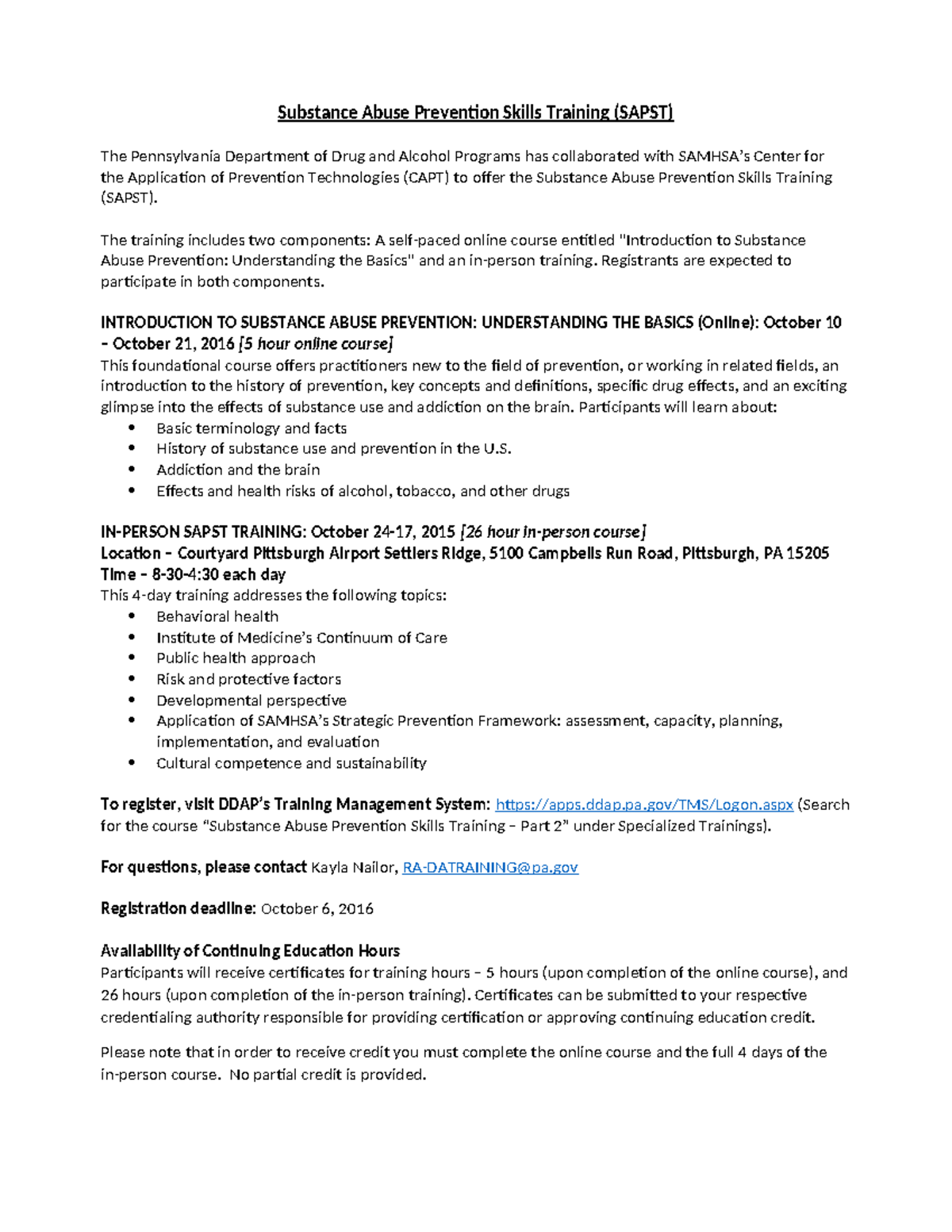Substance Abuse Prevention Skills Training (SAPST) Registration Flyer ...