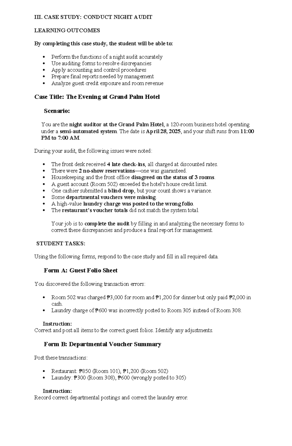 CASE STUDY: NIGHT AUDIT AT GRAND PALM HOTEL (2025) - Studocu