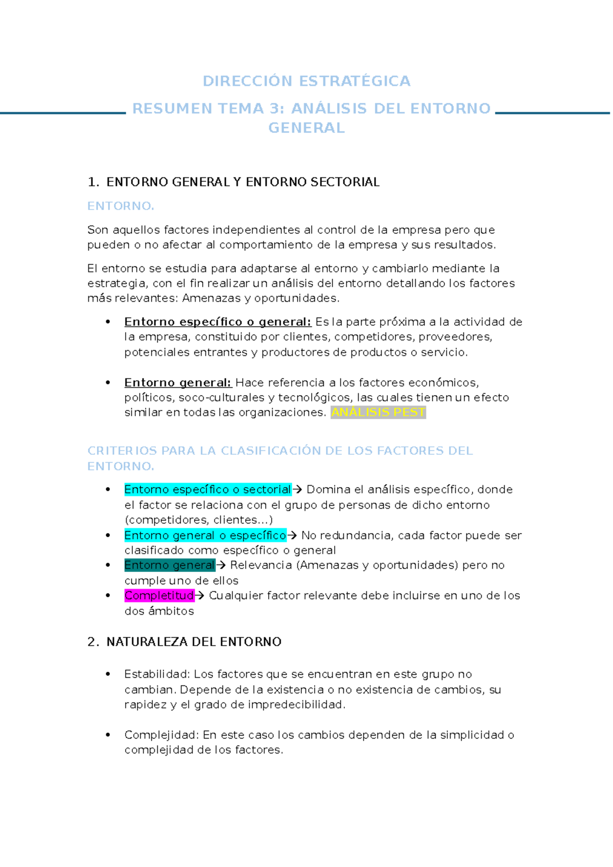 DIRECCIÓN ESTRATÉGICA TEMA 3: ANÁLISIS DEL ENTORNO RESUMIDO - Studocu