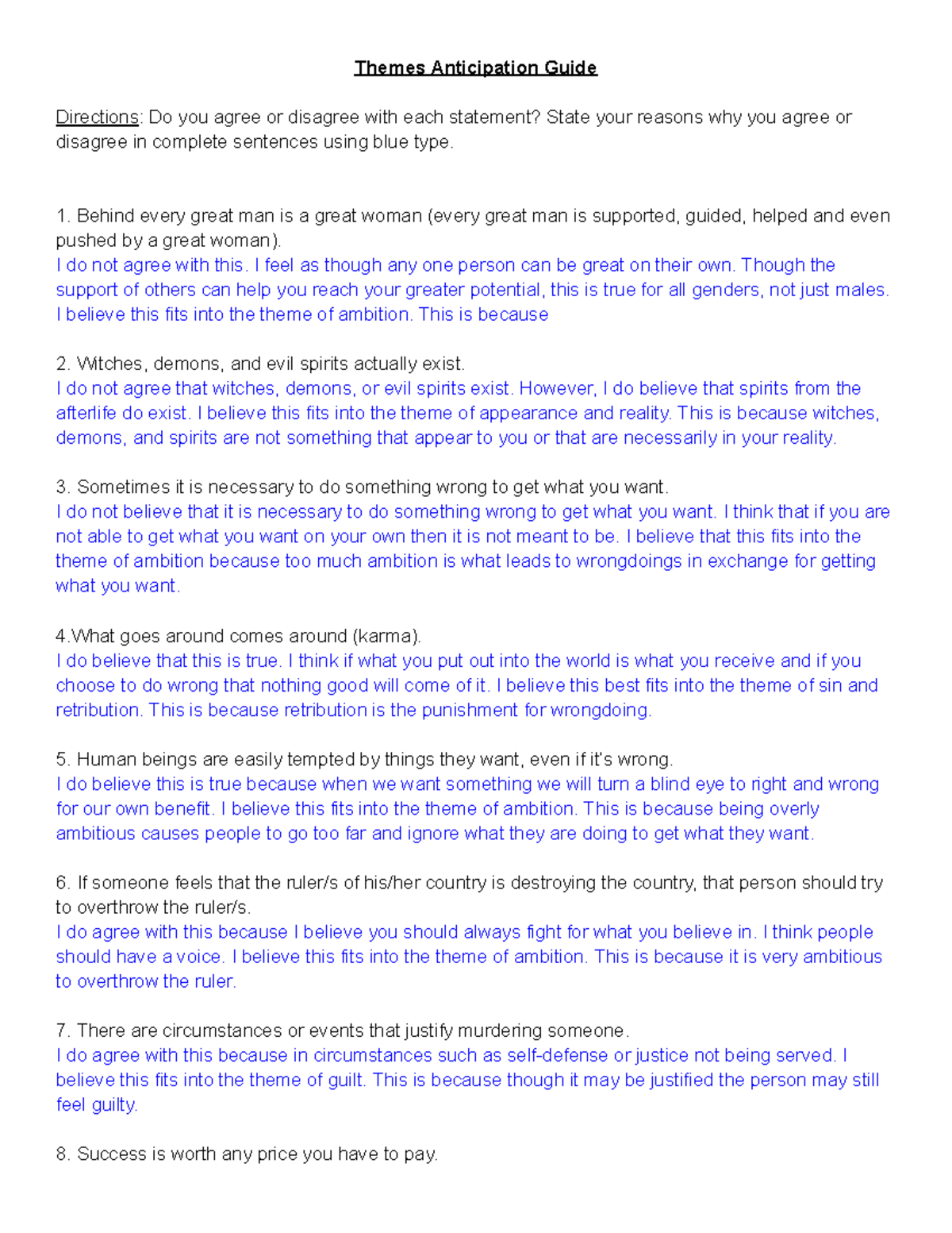 Themes Anticipation Guide: Agree/Disagree Statements Analysis - Studocu