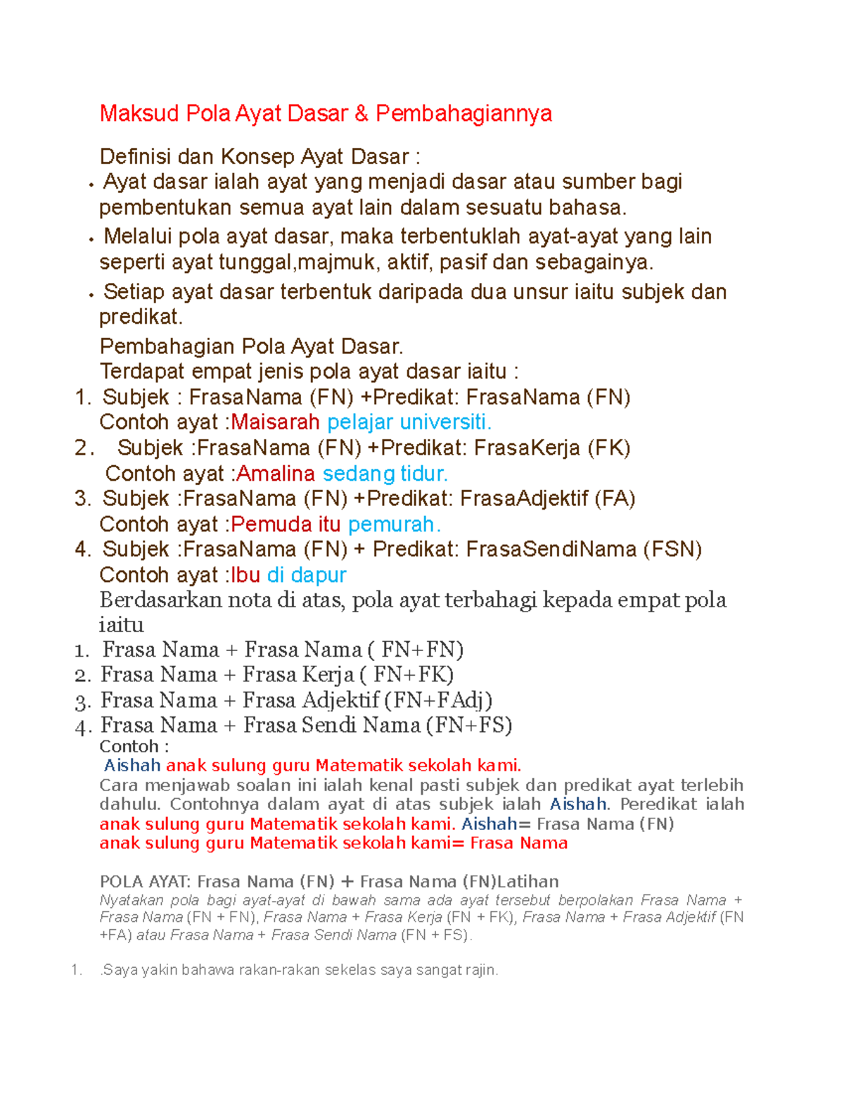 Pola Ayat Dasar 1: Definisi, Pembahagian & Latihan Soalan - Studocu