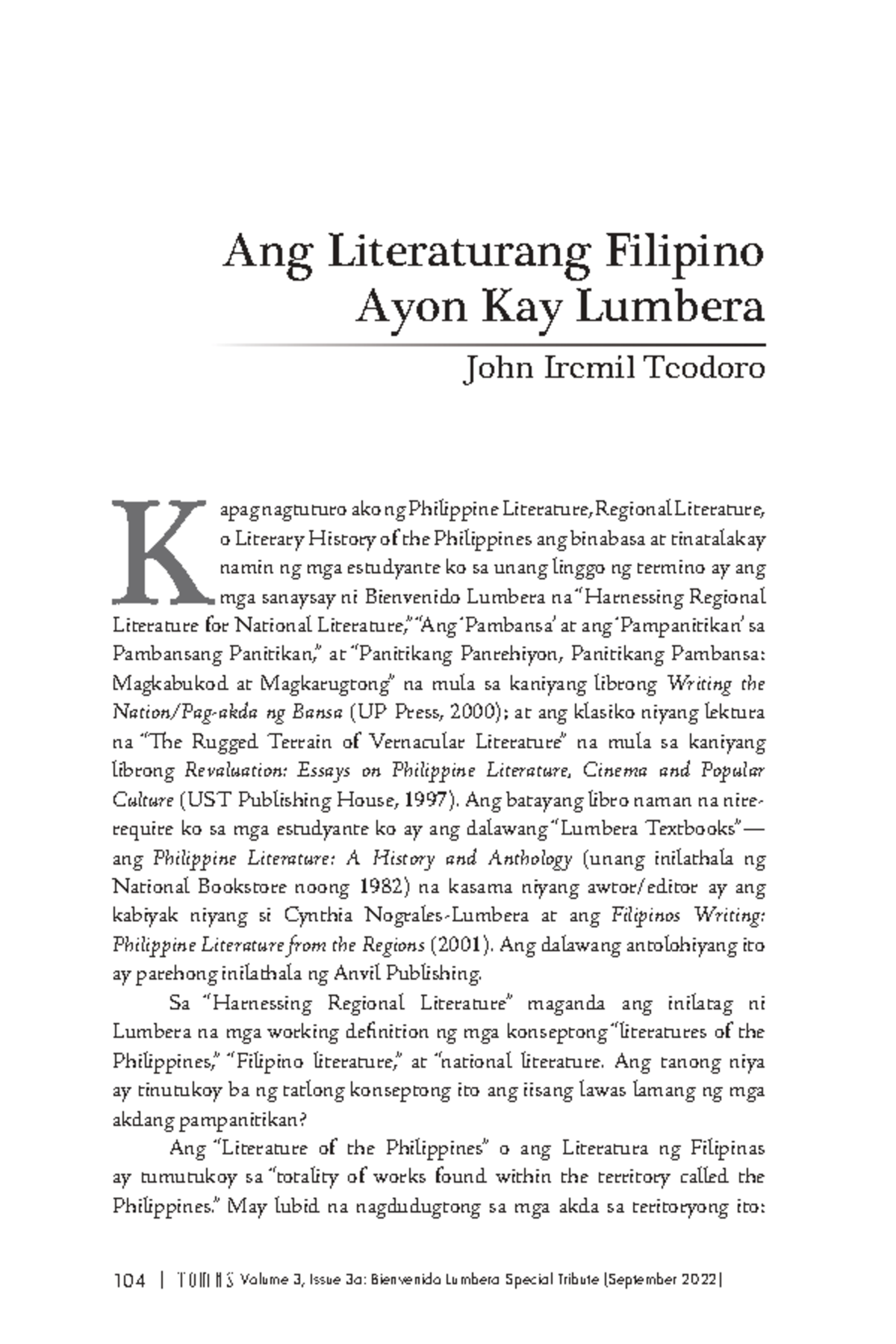 Literatura ng Filipinas: Pagsusuri sa mga Sanaysay ni Lumbera (FIL 101 ...