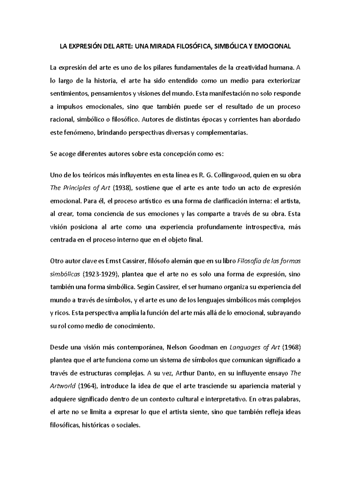 LA EXPRESIÓN DEL ARTE: PERSPECTIVAS FILOSÓFICAS Y EMOCIONALES - Studocu