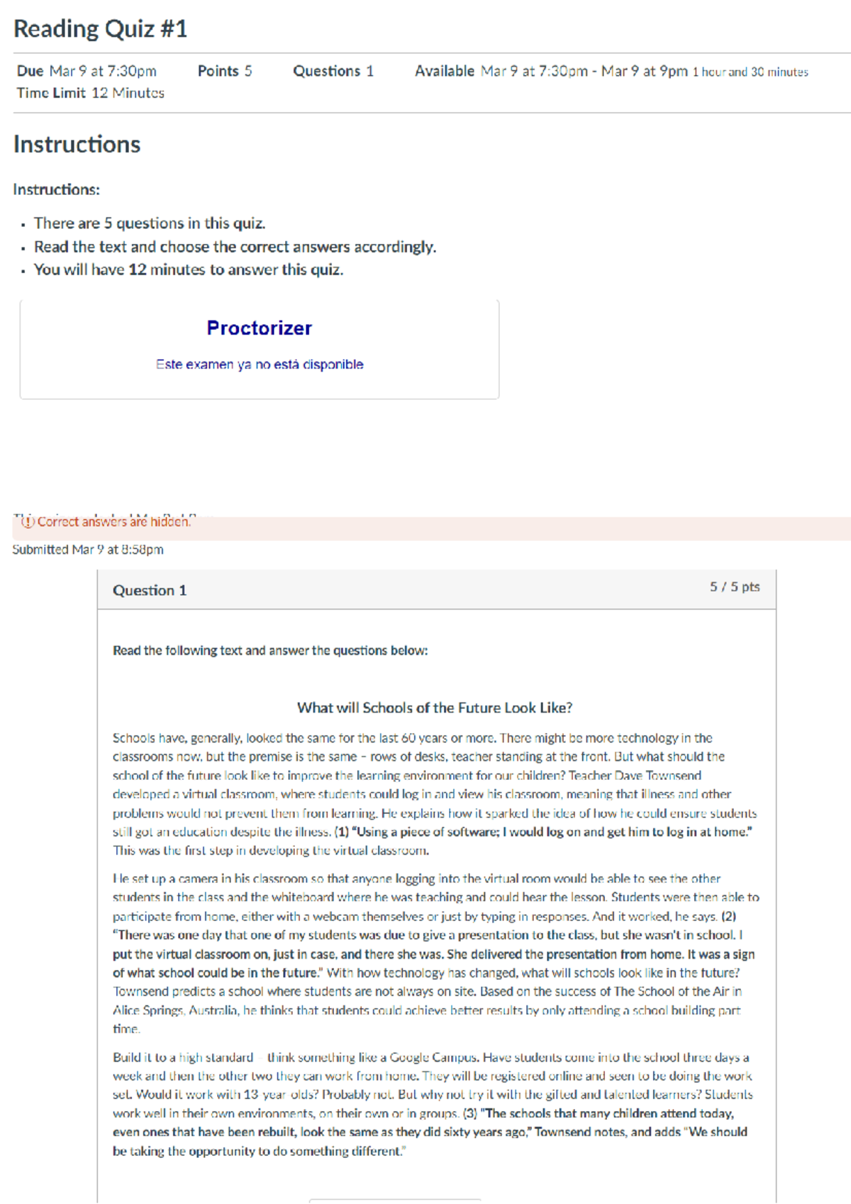 Reading Quiz 1 - Advanced Level (12) - Studocu