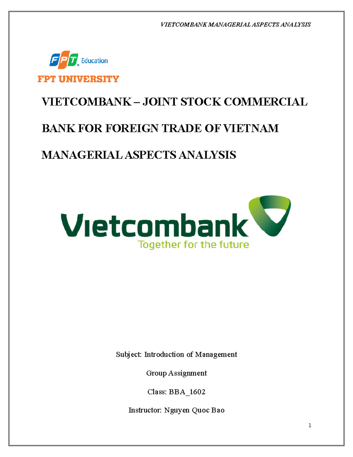 Vietcombank Management Analysis - VIETCOMBANK – JOINT STOCK COMMERCIAL ...
