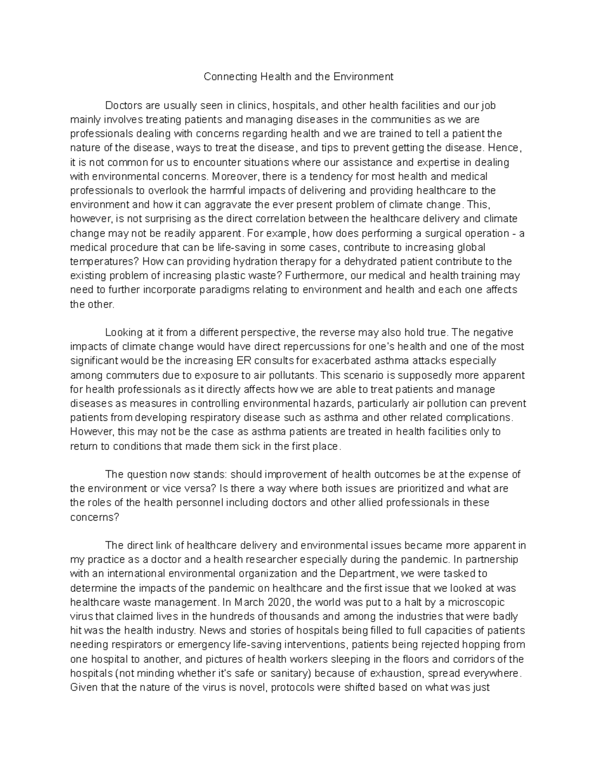 Connecting Health and Environmental Issues: A Doctor's Perspective ...