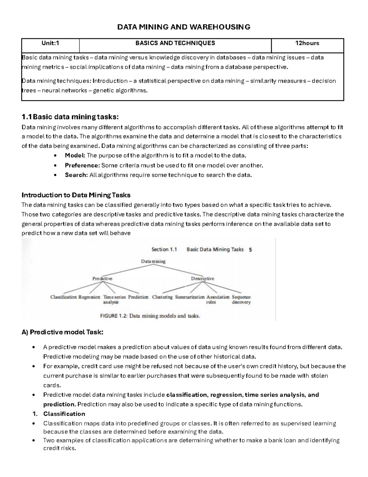 Data Mining and Warehousing (Unit 1): Basics and Techniques Overview ...
