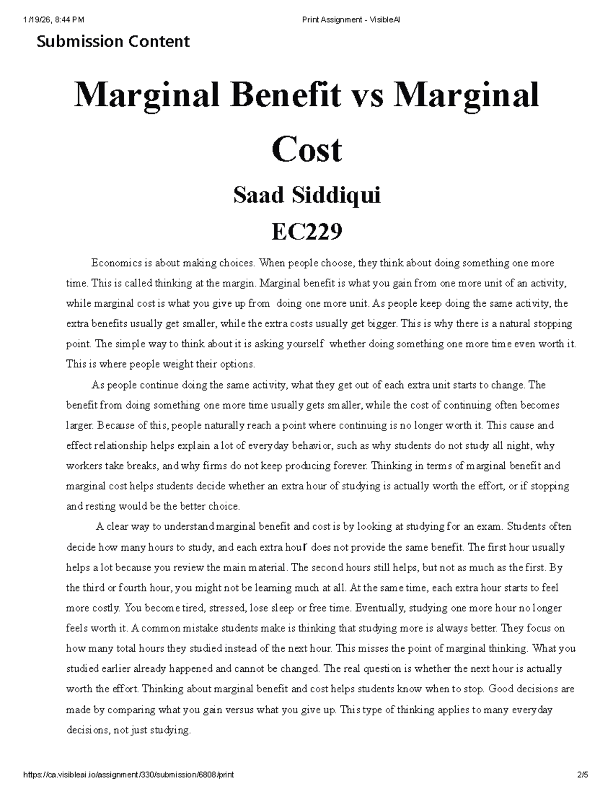 EC229 Assignment: Understanding Marginal Benefit vs Cost - Studocu