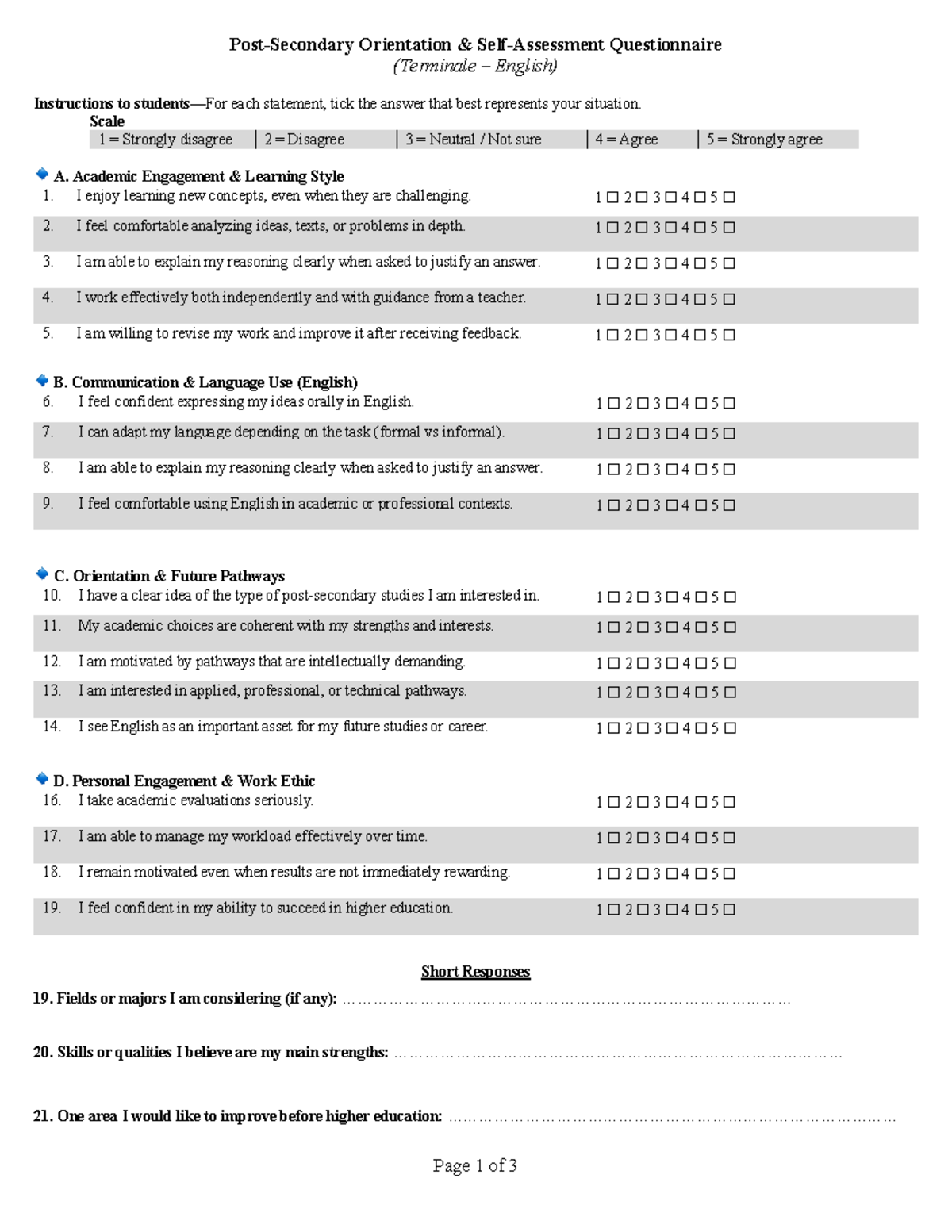 Parcoursup - Student Orientation Questionnaire (Terminale English ...