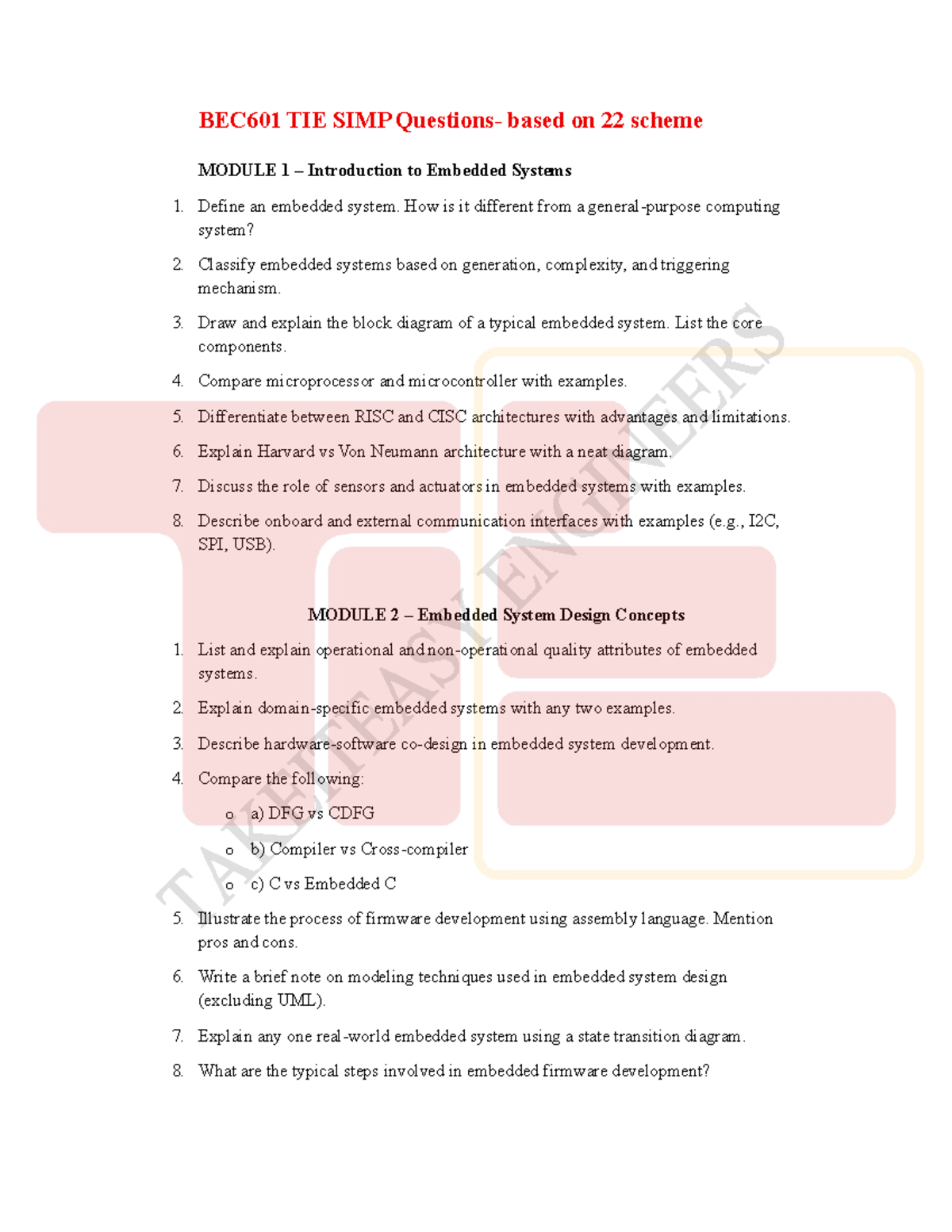 BEC601 Final Exam Study Guide: Embedded Systems Overview - Studocu