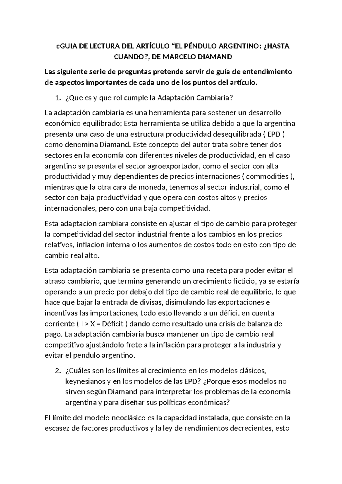 Guía de Lectura: El Péndulo Argentino de Marcelo Diamand - Studocu