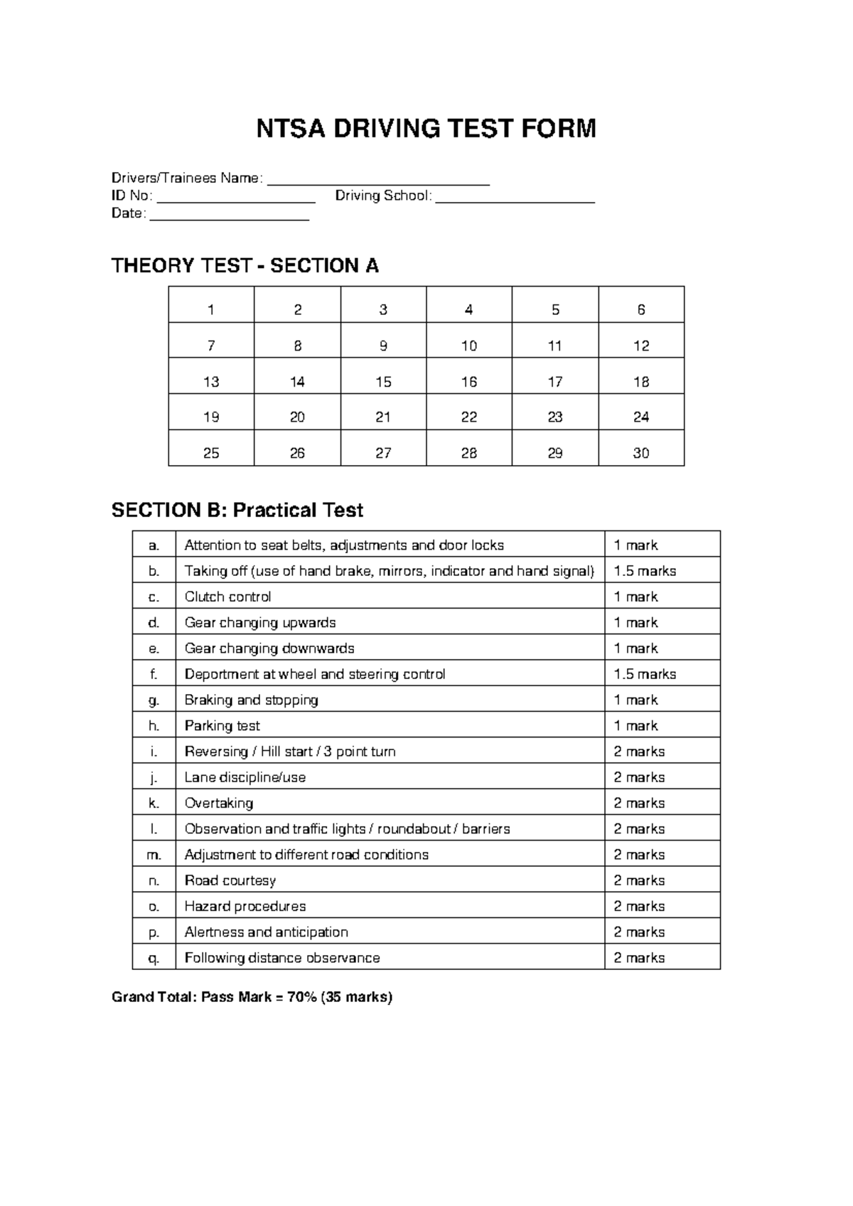 NTSA Driving Test Form - Theory & Practical Assessment - Studocu