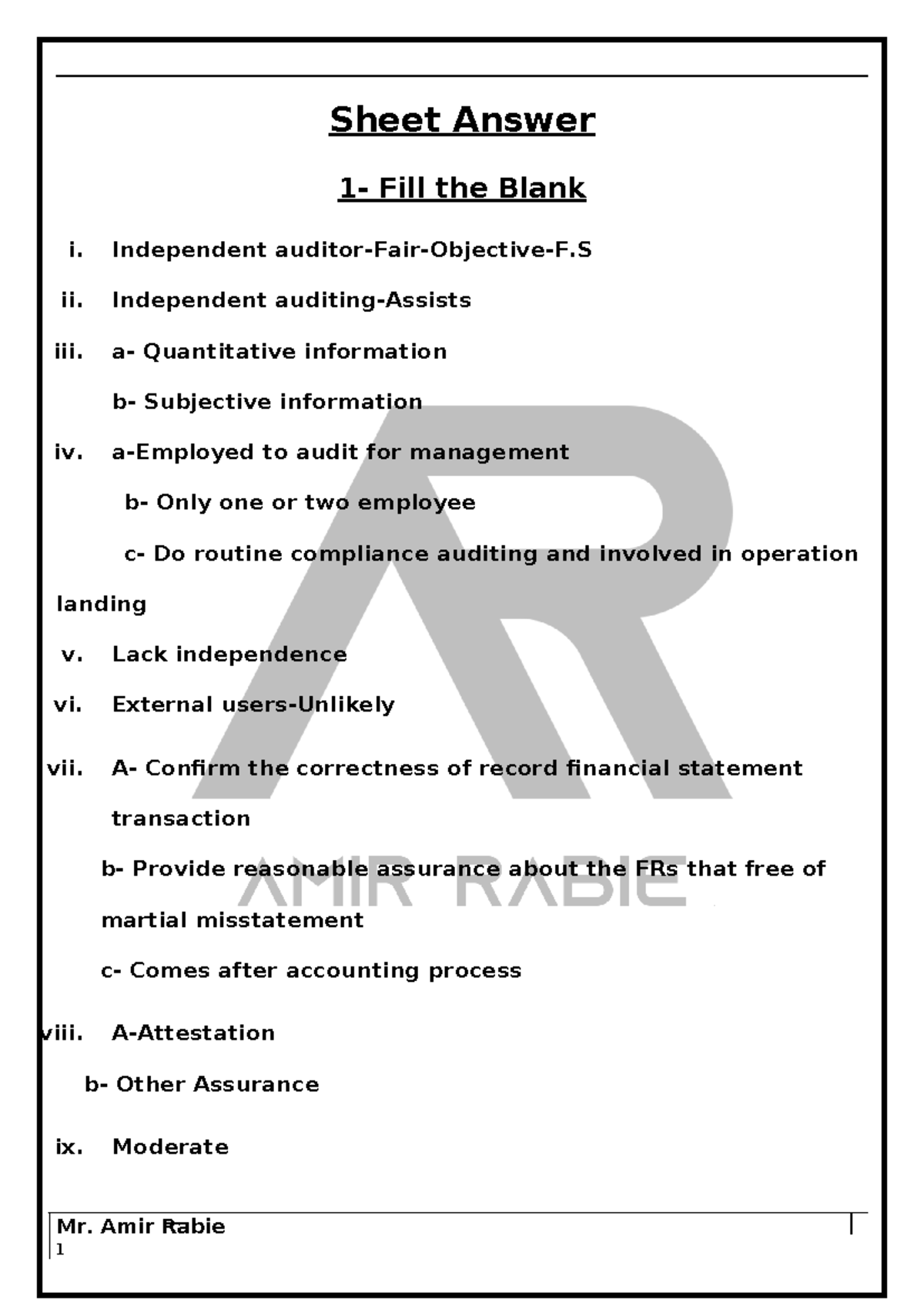 Sheet Answer - ssssw - Sheet Answer 1- Fill the Blank i. Independent ...