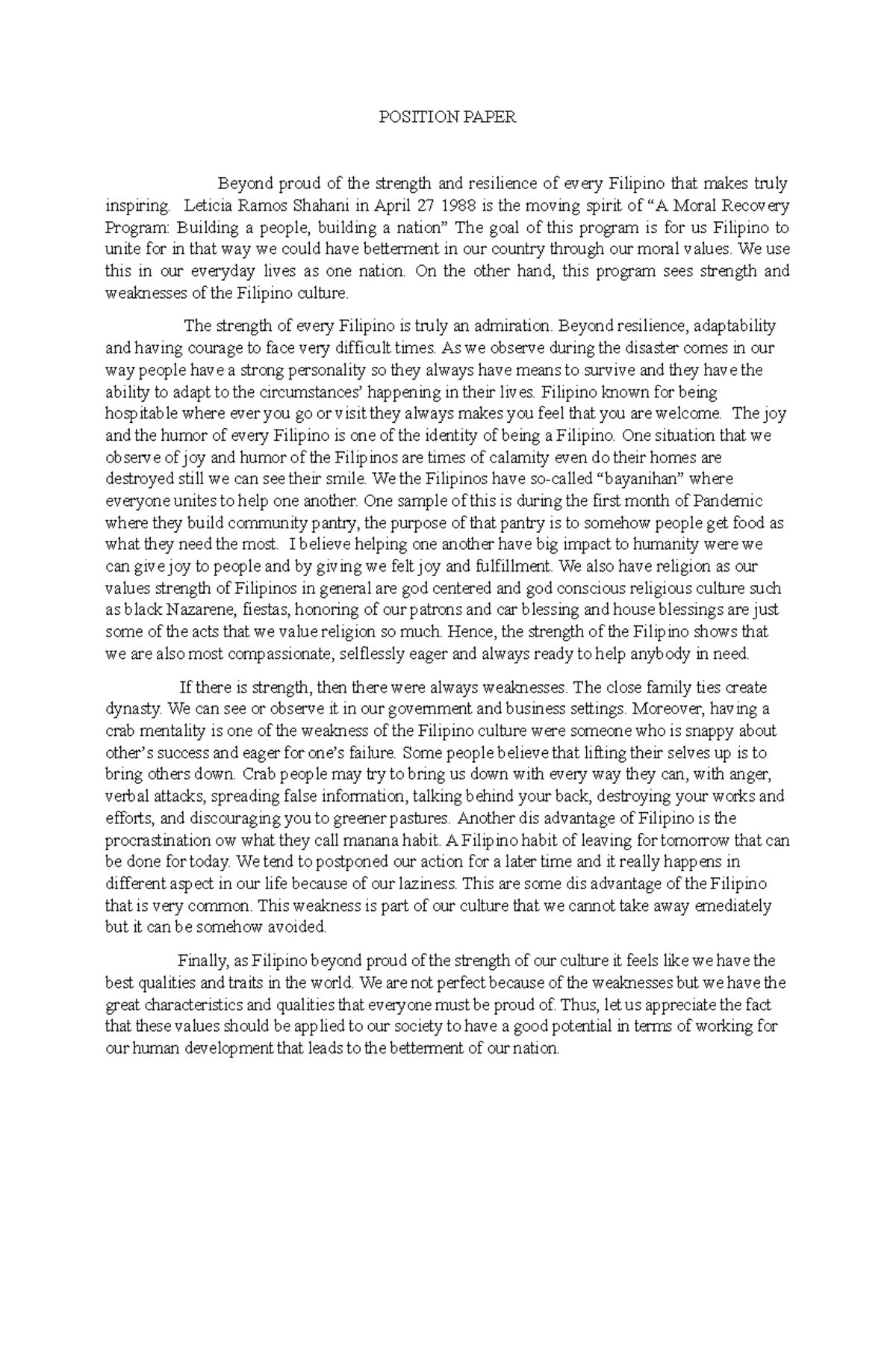 Position paper 1 in ne wcurriculum which is k-12 - POSITION PAPER ...