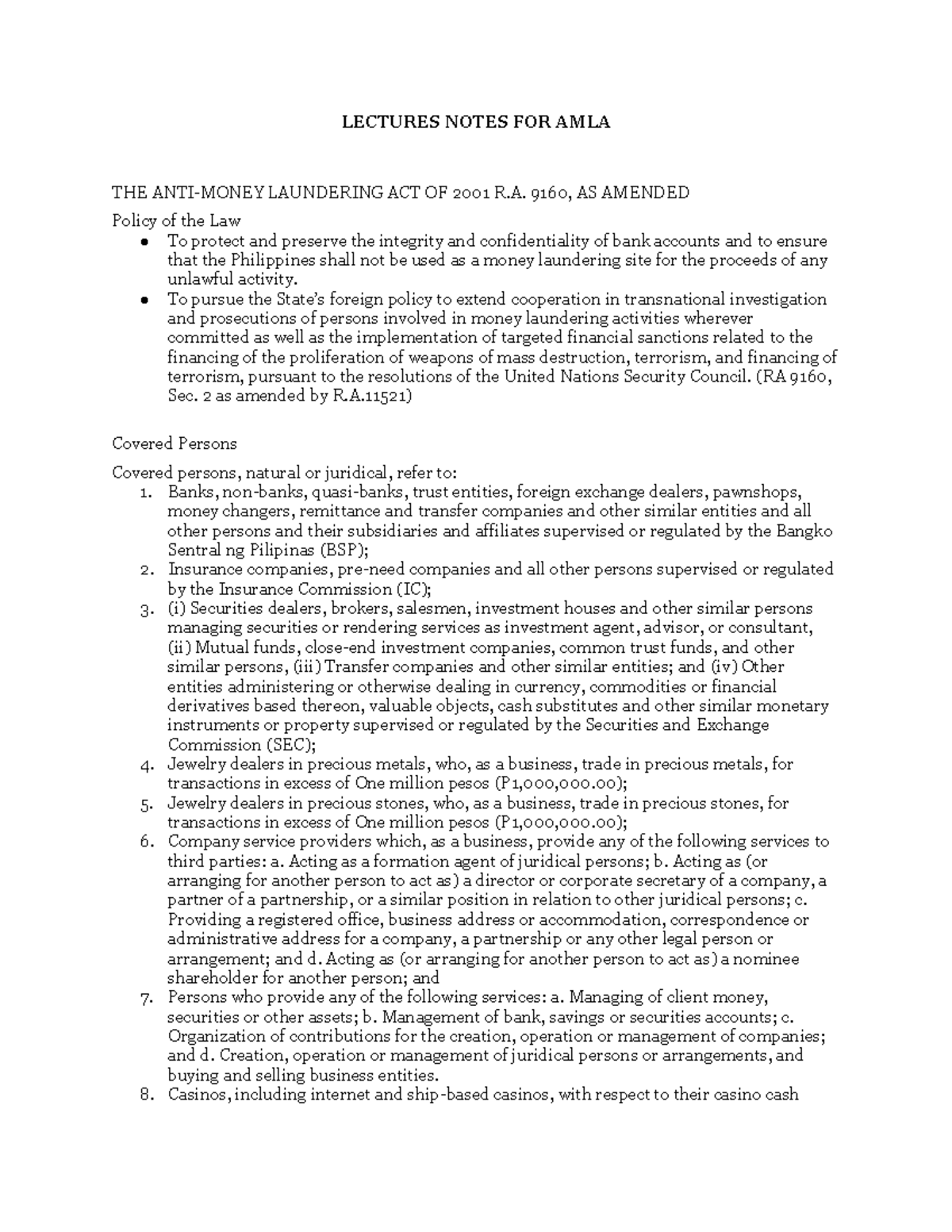 Lecture Notes on AMLA: Understanding the Anti-Money Laundering Act ...