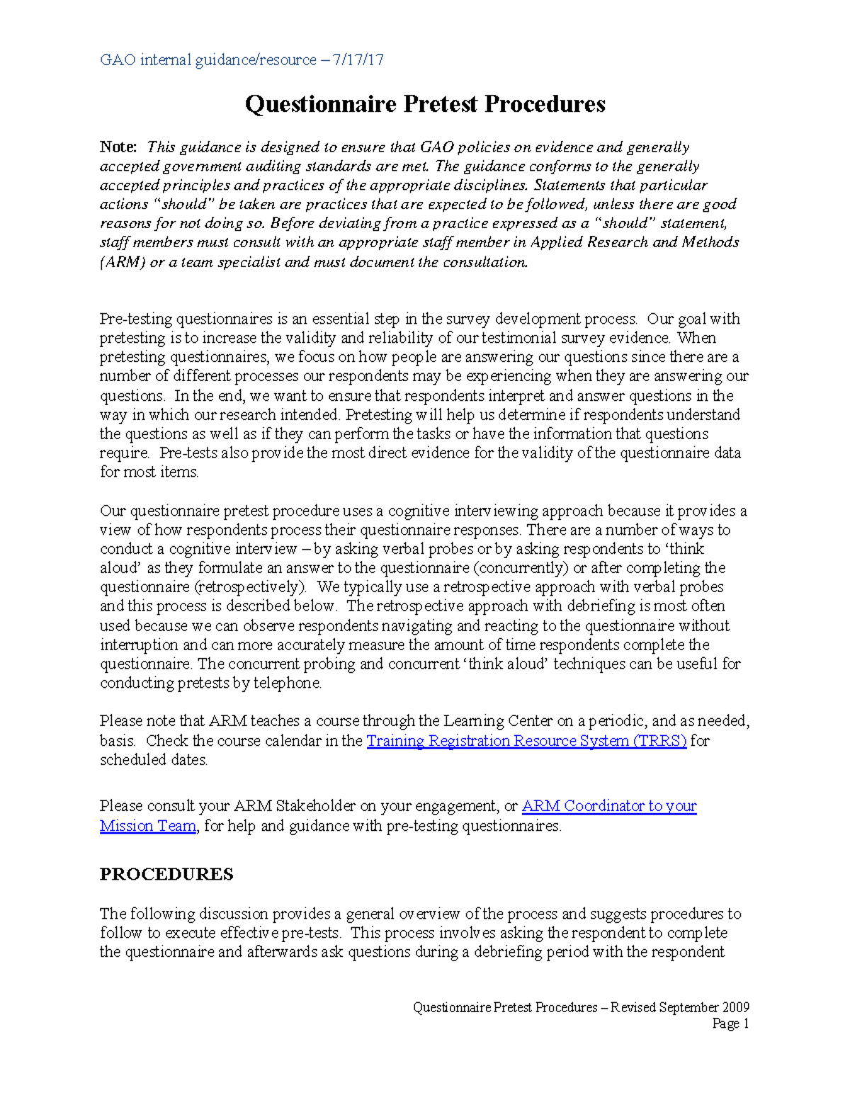 Revised GAO Questionnaire Pretest Procedures – Sept 2009 Guidance - Studocu