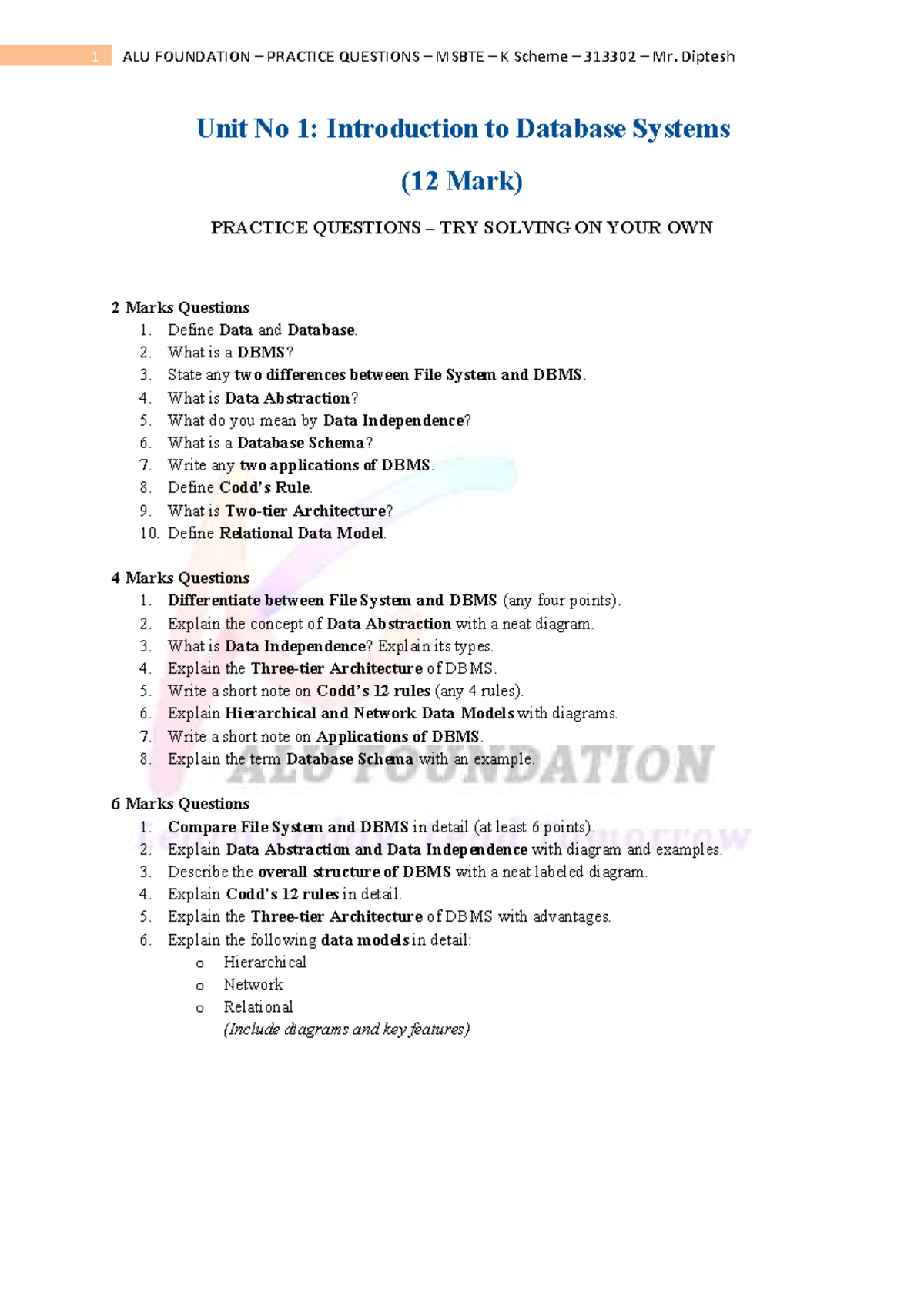 1 ALU FOUNDATION PRACTICE QUESTIONS MSBTE K Scheme 313302 Unit 1: Database - Studocu