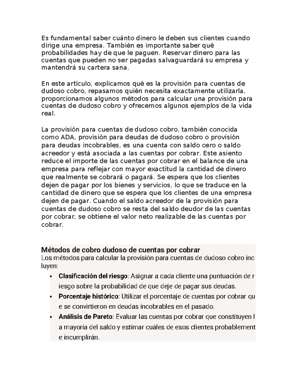 Provisión para Cuentas de Dudoso Cobro: Métodos y Ejemplos - Studocu