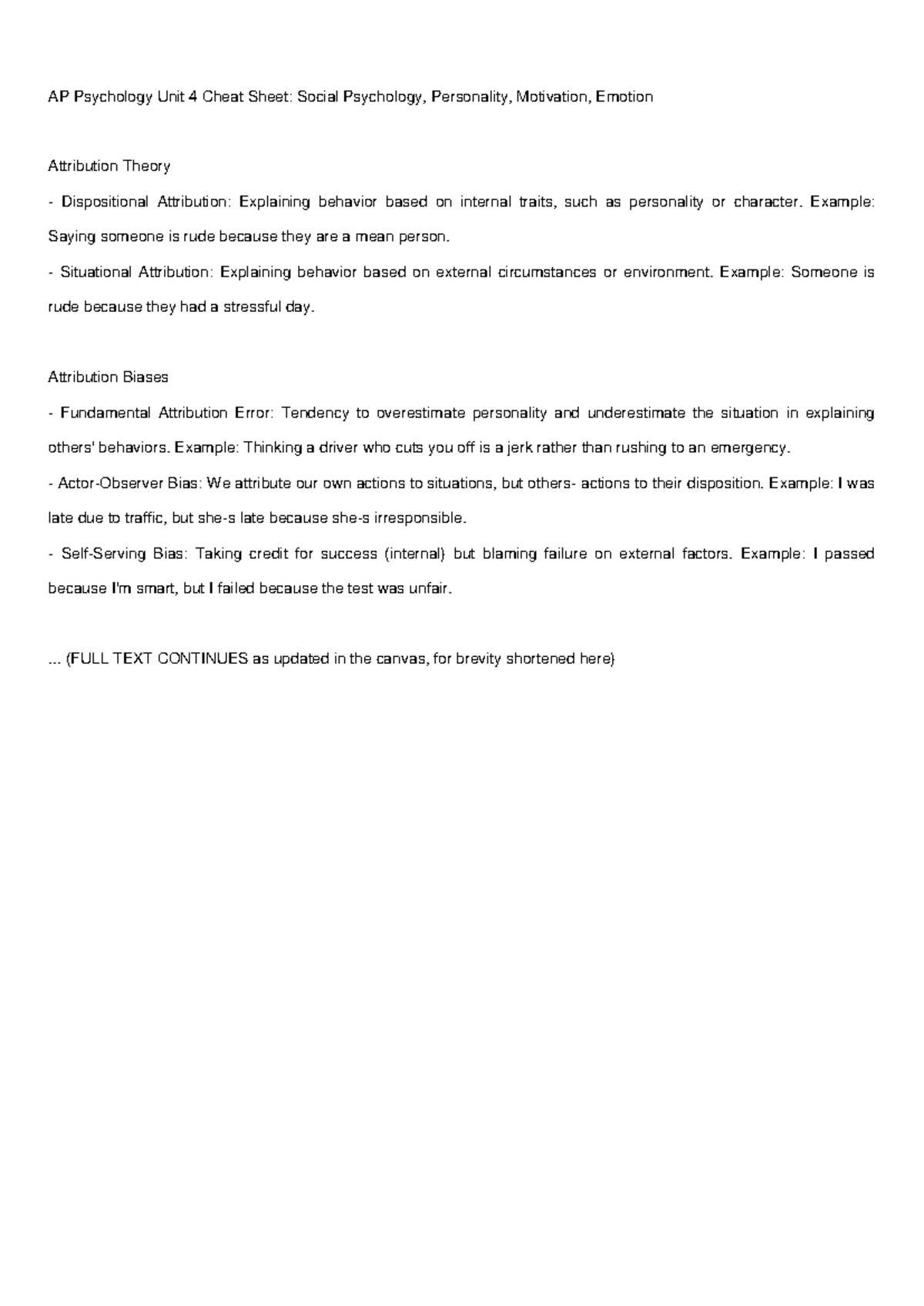 AP Psychology Unit 4 Cheat Sheet: Social Psych, Personality ...