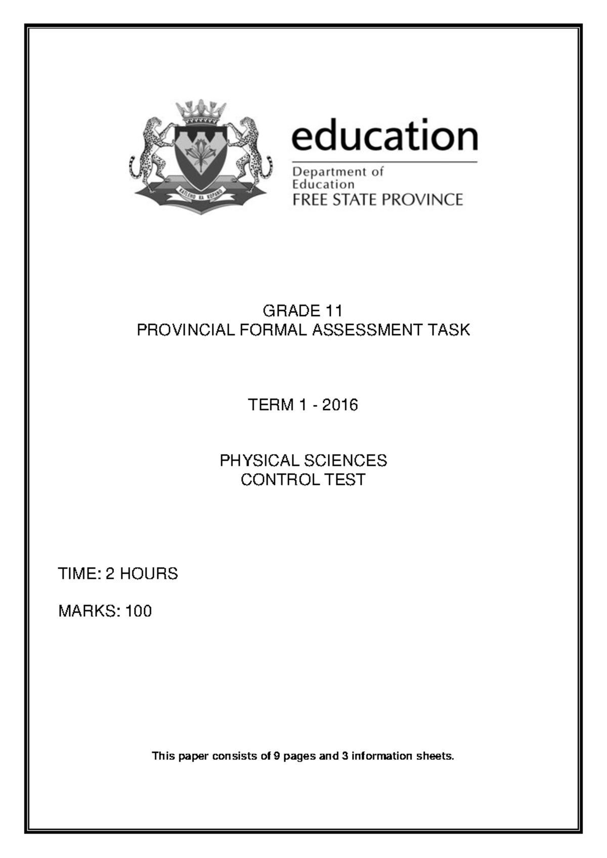 Grade 11 FS Physical Sciences Term 1 Control Test - March 2016 - Studocu