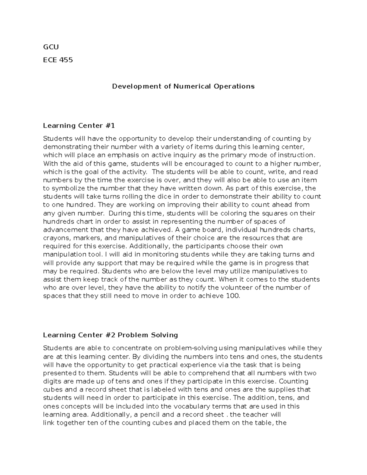 GCU ECE 455: Developing Numerical Operations through Learning Centers ...