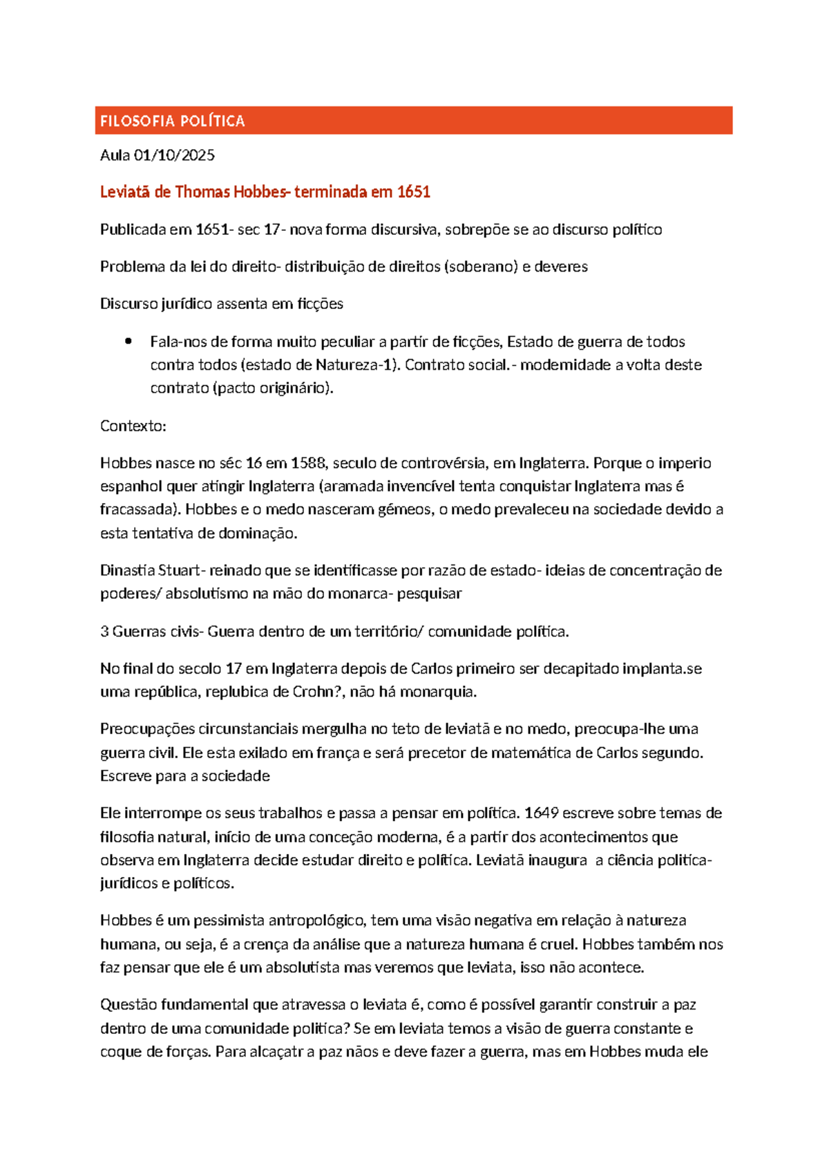FIL 101 - Apontamentos sobre Leviatã de Thomas Hobbes e a Política ...