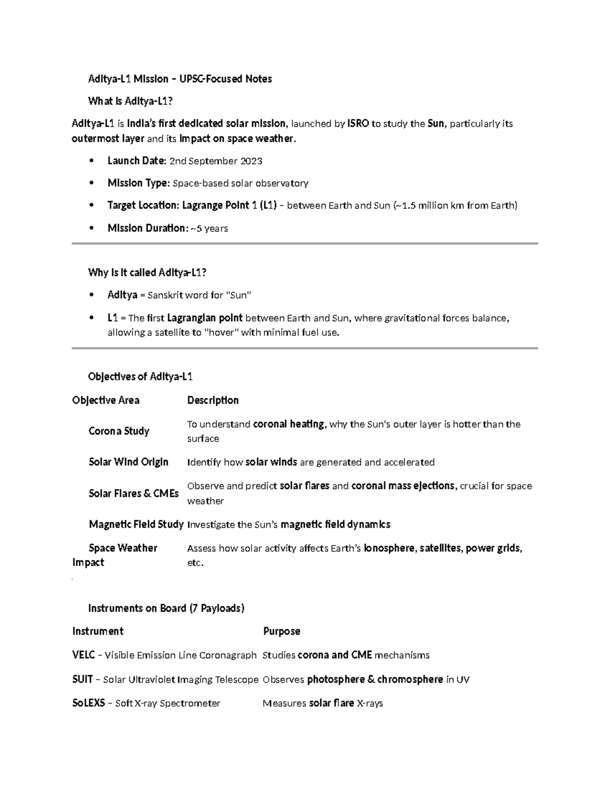 Aditya L1 Mission Notes: India's First Solar Observatory (ISRO) - Studocu