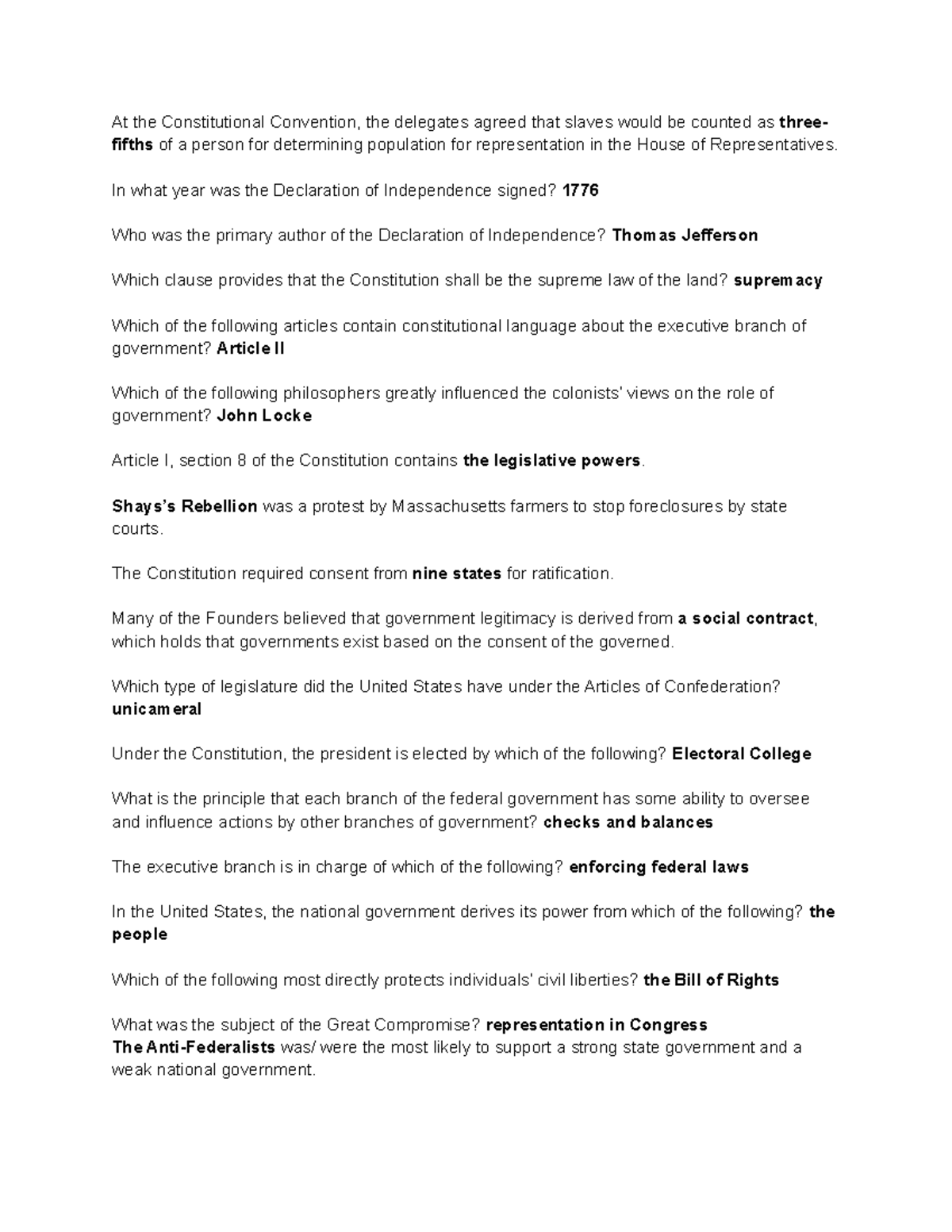 Quiz 2 Study Guide: Key Concepts from the Constitutional Convention ...