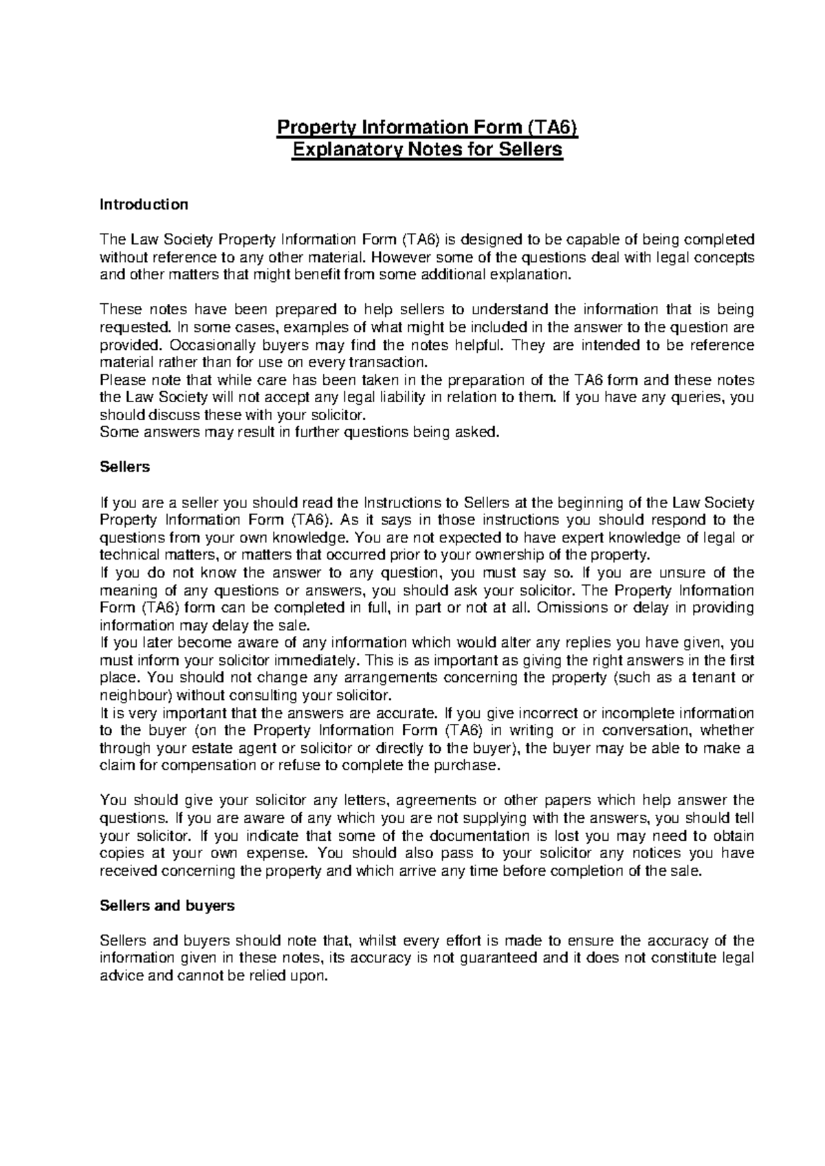 TA6 Property Information Form: Explanatory Notes for Sellers - Studocu