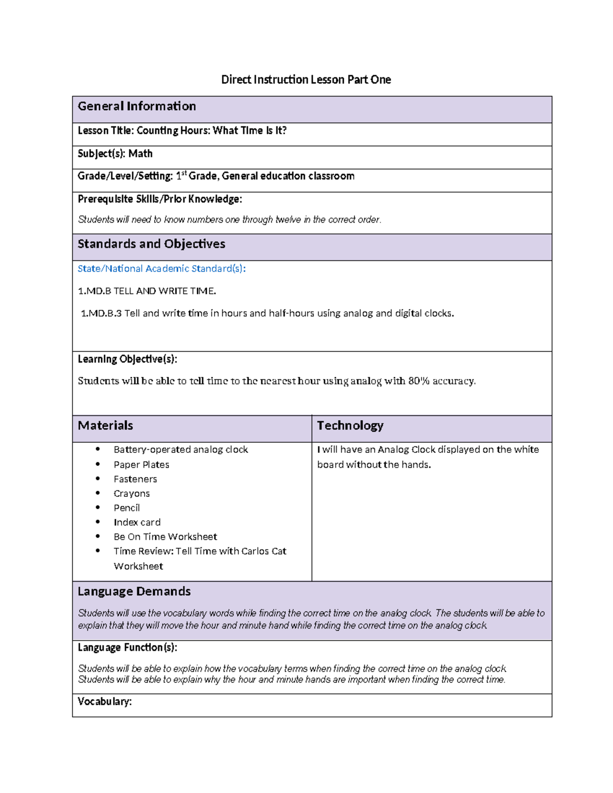 C109 Task 1 - Direct Instruction Lesson on Telling Time with Analog ...