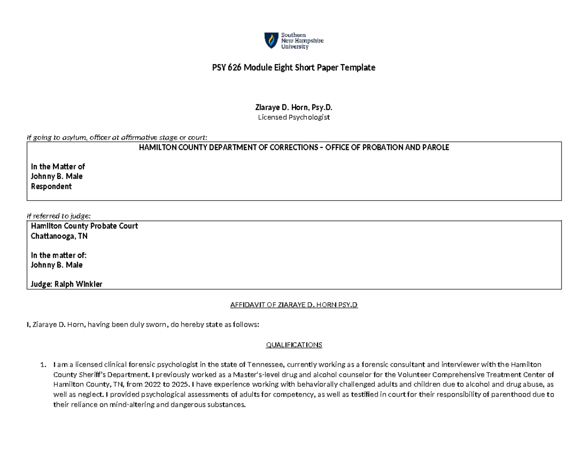 PSY 626 Module 8 Short Paper: Forensic Evaluation of Johnny B. - Studocu