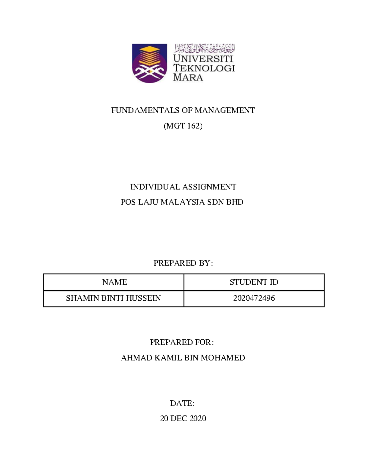 Individual Assignment MGT 162 - FUNDAMENTALS OF MANAGEMENT (MGT 162 ...