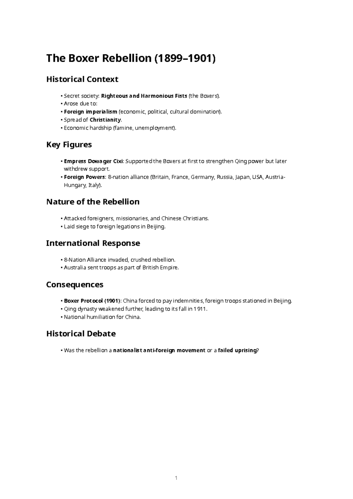 Boxer Rebellion Notes: Historical Context and Key Figures - Studocu