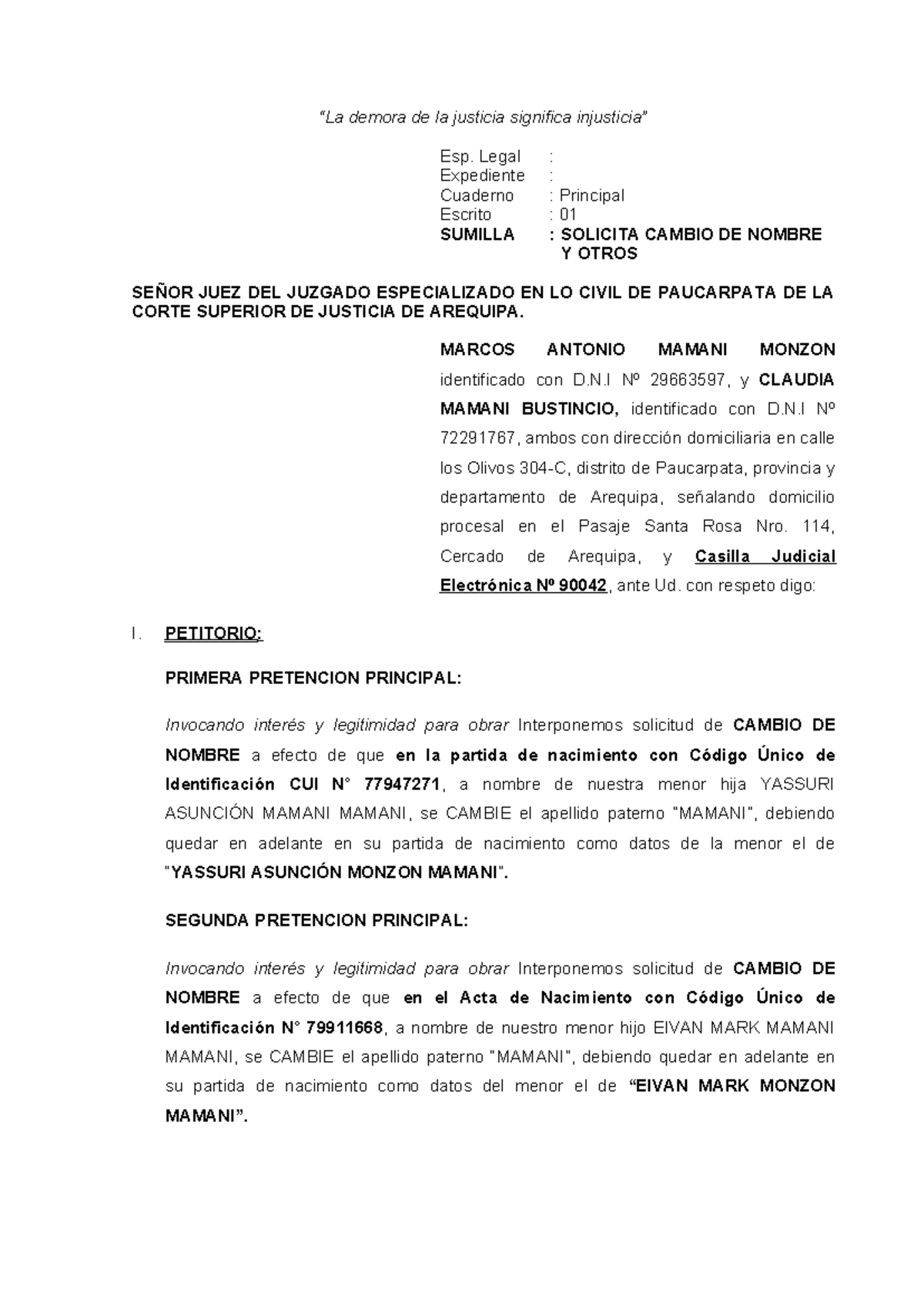 Cambio de Nombre de Menor - Expediente Legal Esp. 01 - Studocu