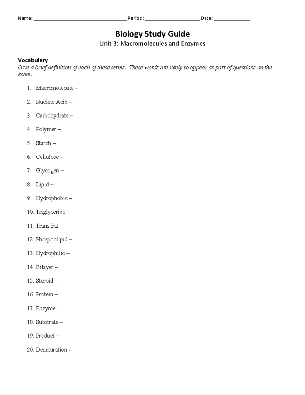 Biology Unit 3: Macromolecules & Enzymes Study Guide - Studocu