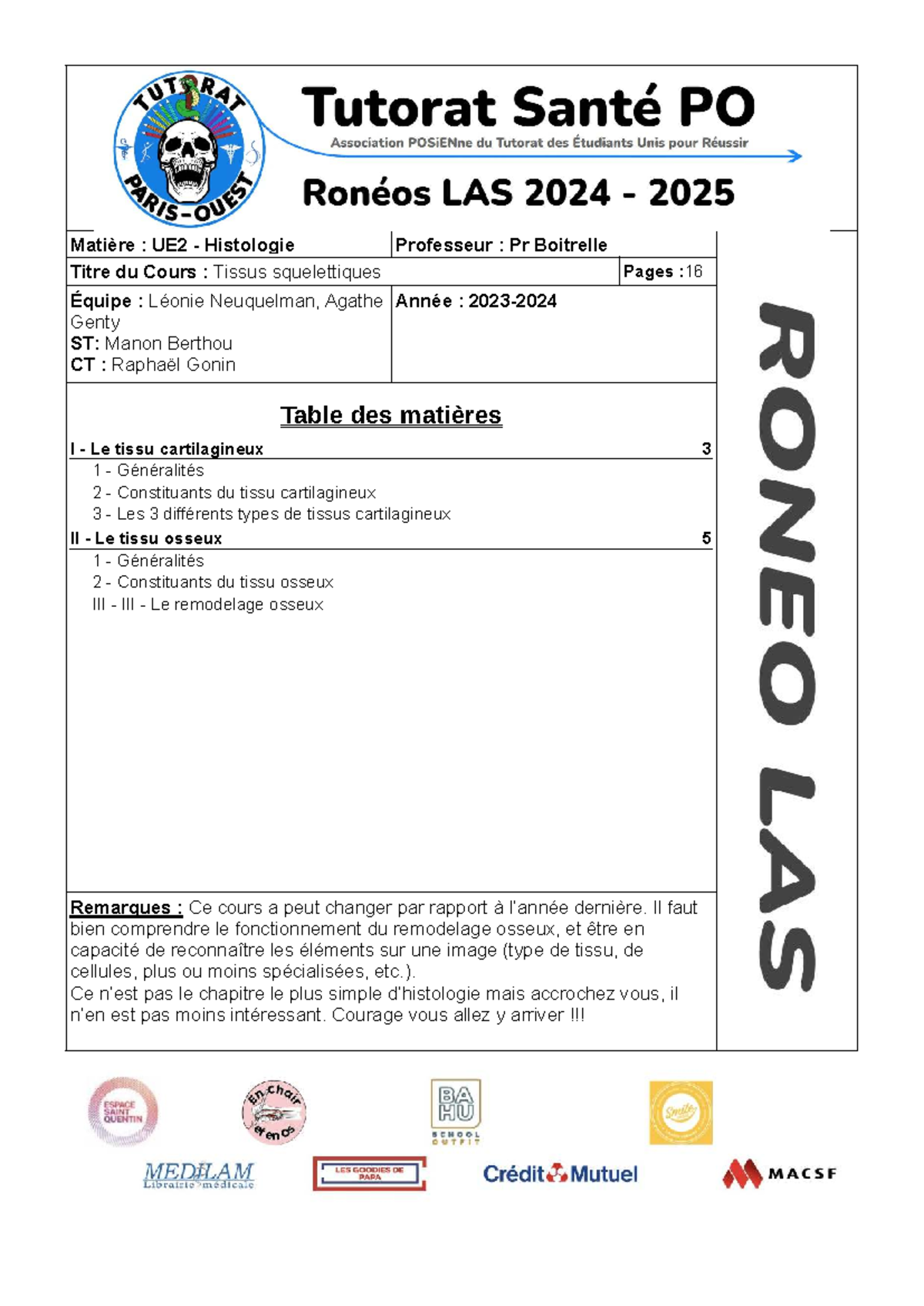Ronéo LAS: Notes de Cours sur les Tissus Squelettiques - Studocu