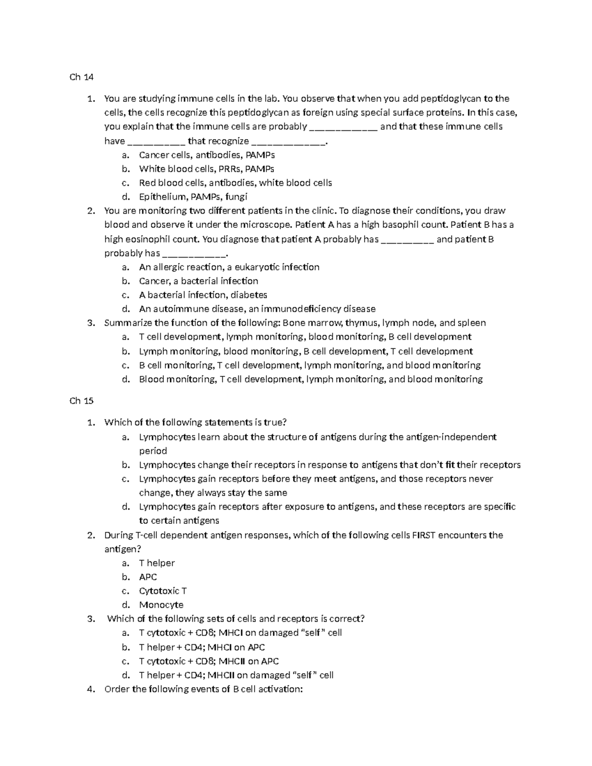 Unit 4 TPS Notes: Immune Cells & Responses (Ch 14-15) - Studocu