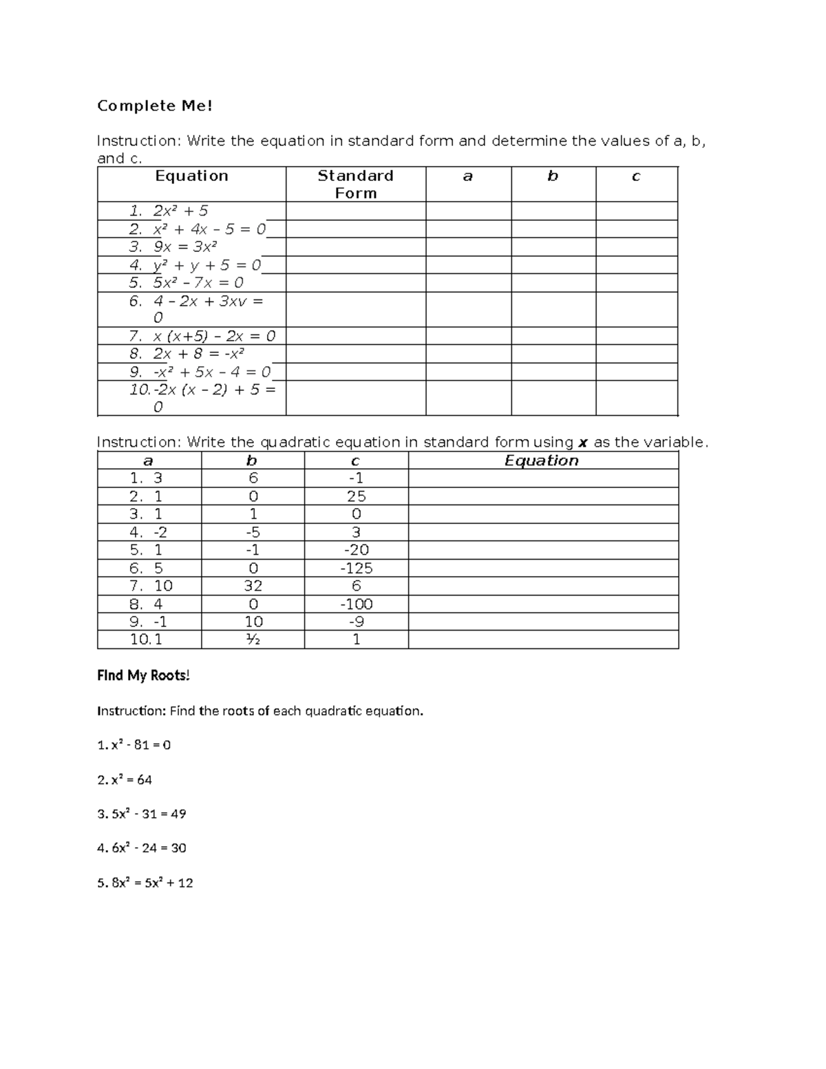 Mathematics 9 Q1 - Complete Me! Quadratic Equations & Roots - Studocu