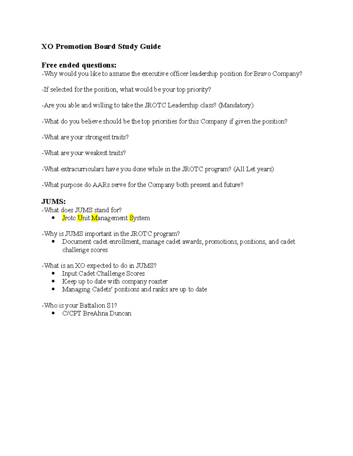 XO Promotion Board Study Guide: Key Questions & JUMS Insights - Studocu