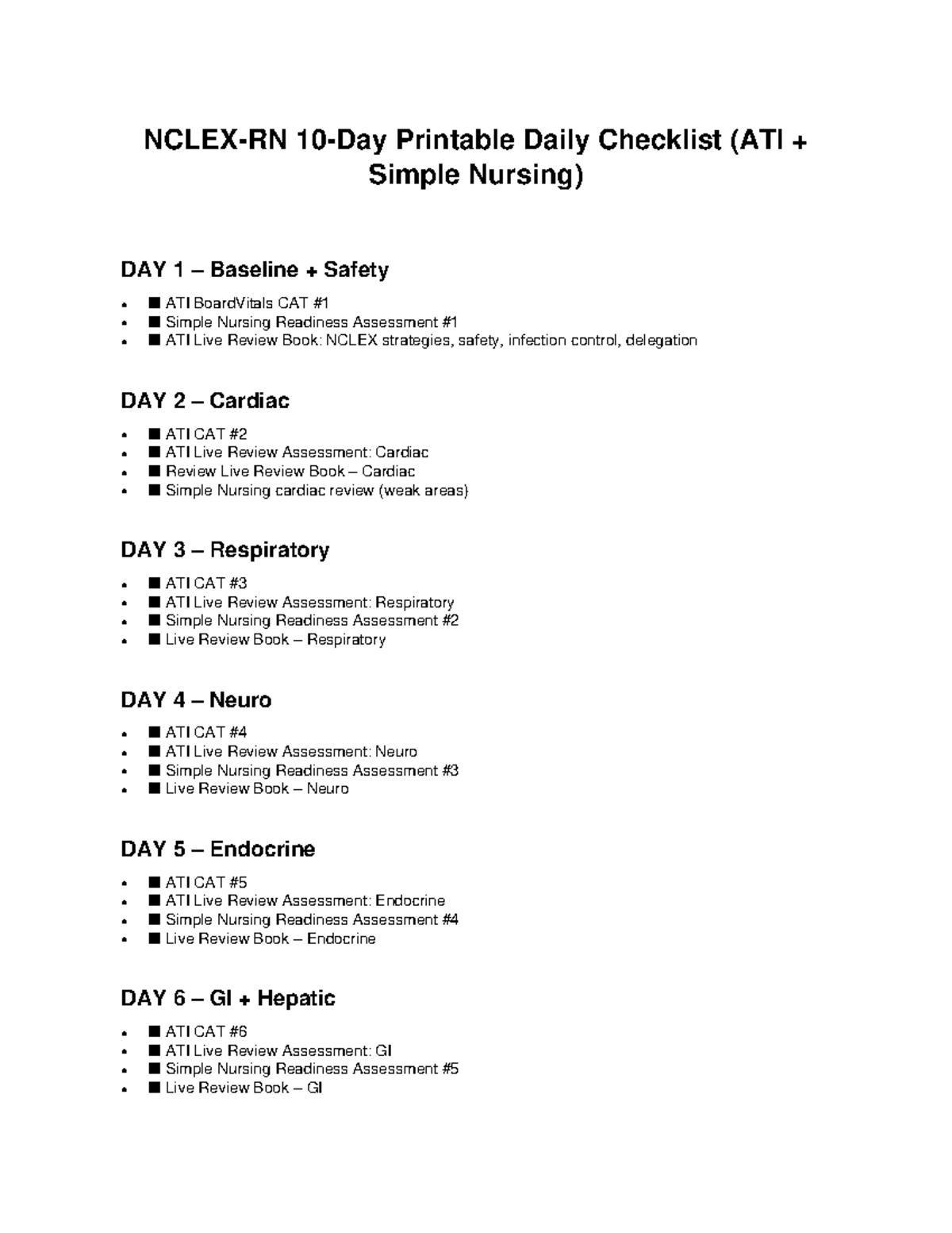 NCLEX 10-Day Review Checklist (ATI Simple Nursing) - Studocu