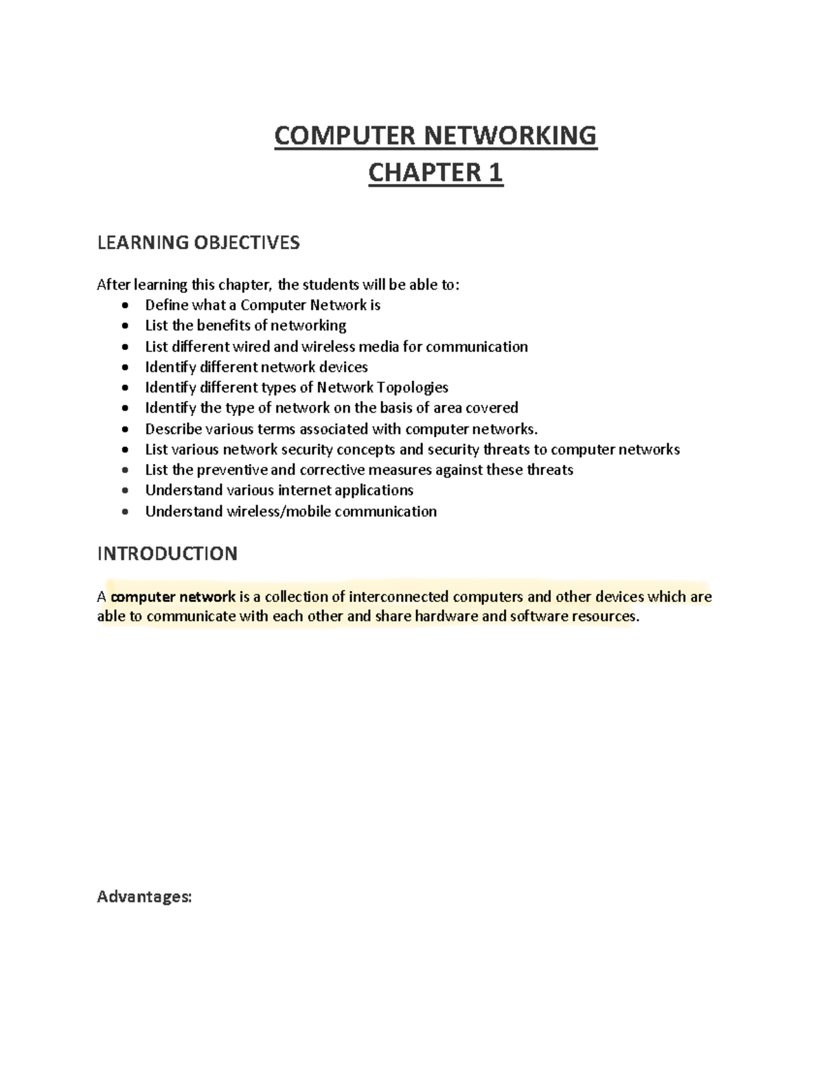 COMPUTER NETWORKING CHAPTER 1 LEARNING OBJECTIVES - XII Pdhi - Studocu