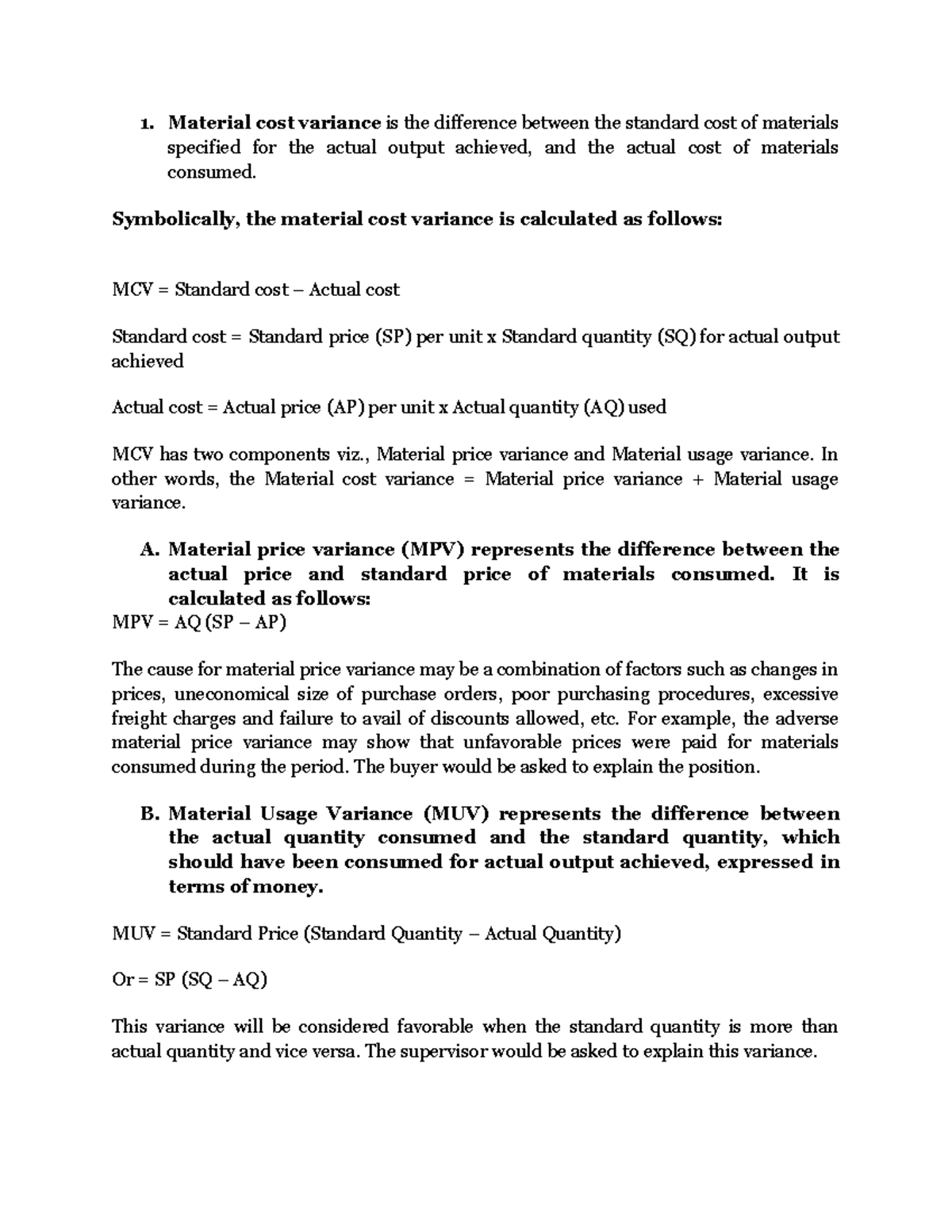 Material Cost Variance Analysis: MCV, MPV, and MUV Explained - Studocu