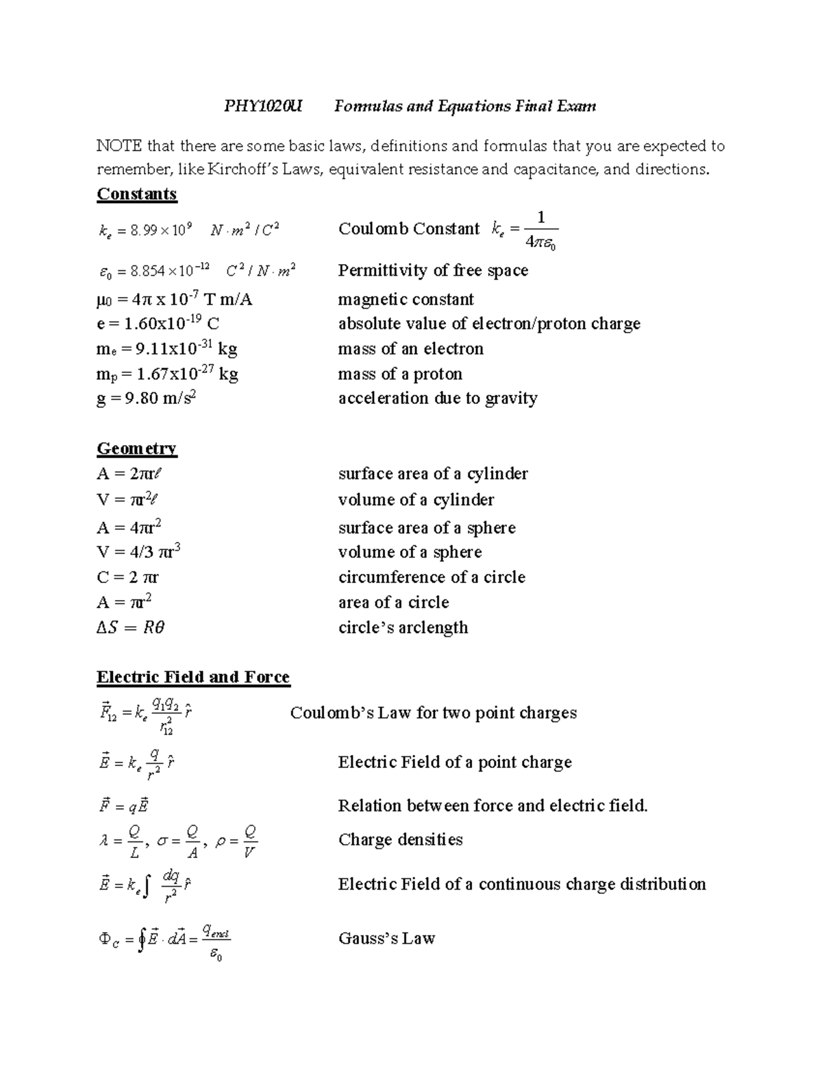PHY1020U Final Exam Formula Sheet: Key Laws & Equations - Studocu