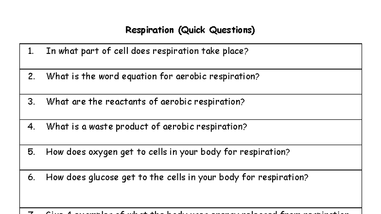Respiration (Biology) - Quick Questions & Answers Guide - Studocu