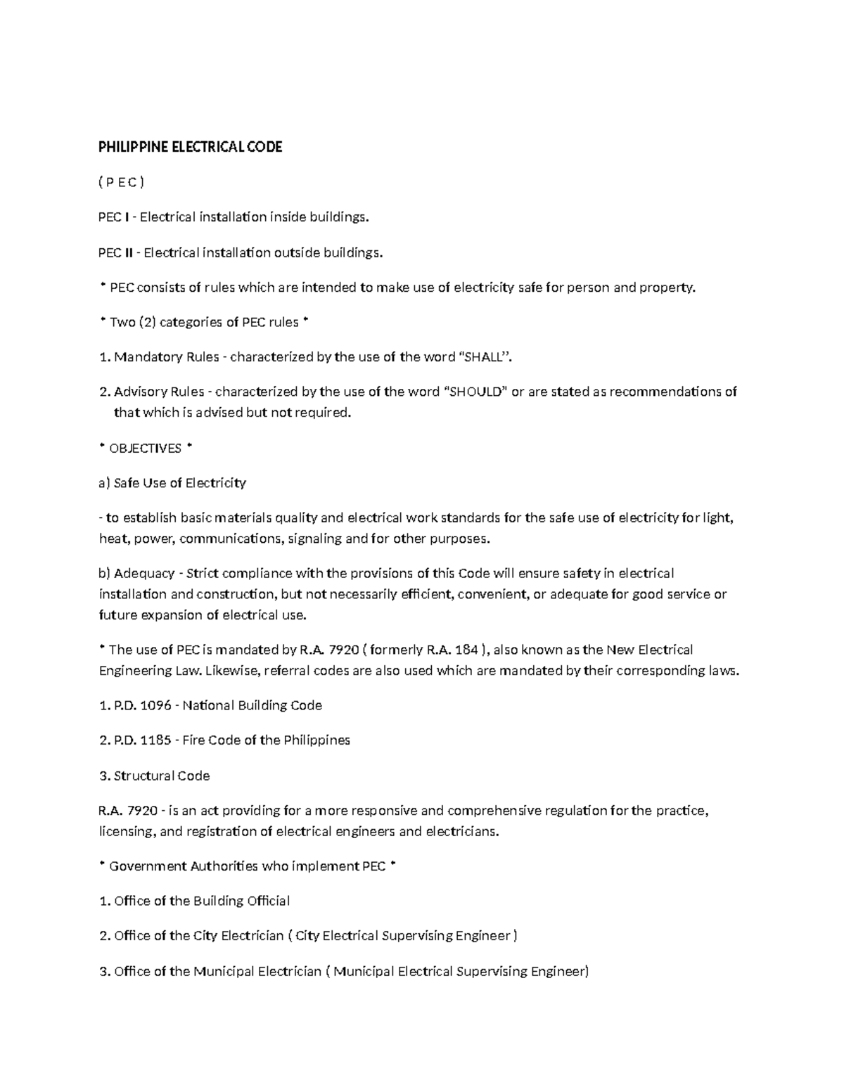 Philippine Electrical Code (PEC) Overview and Key Concepts - Studocu