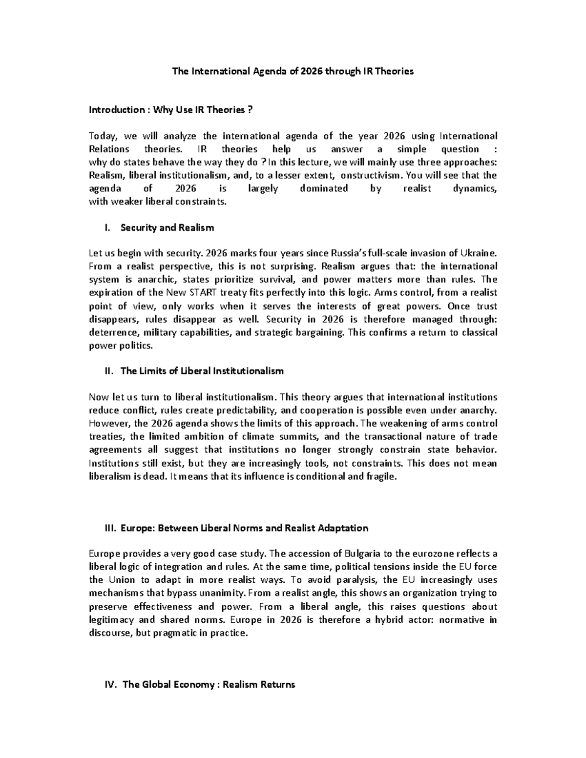 IR Theories & the 2026 International Agenda: A Lecture Analysis - Studocu