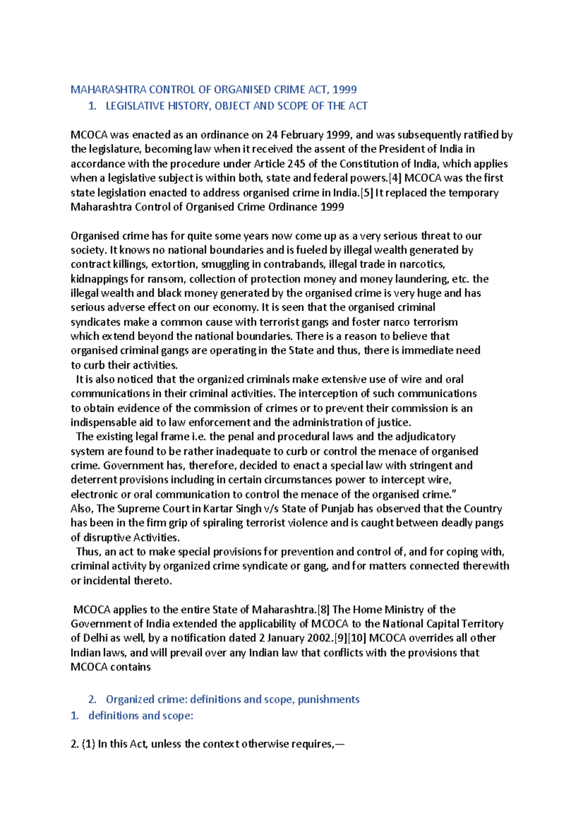 MCOCA Act 1999: Comprehensive Notes on Legislative Provisions - Studocu