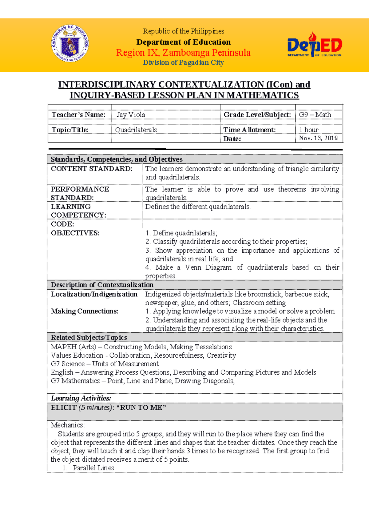 Detailed 7Es Lesson Plan on Quadrilaterals for G9 Math - Studocu