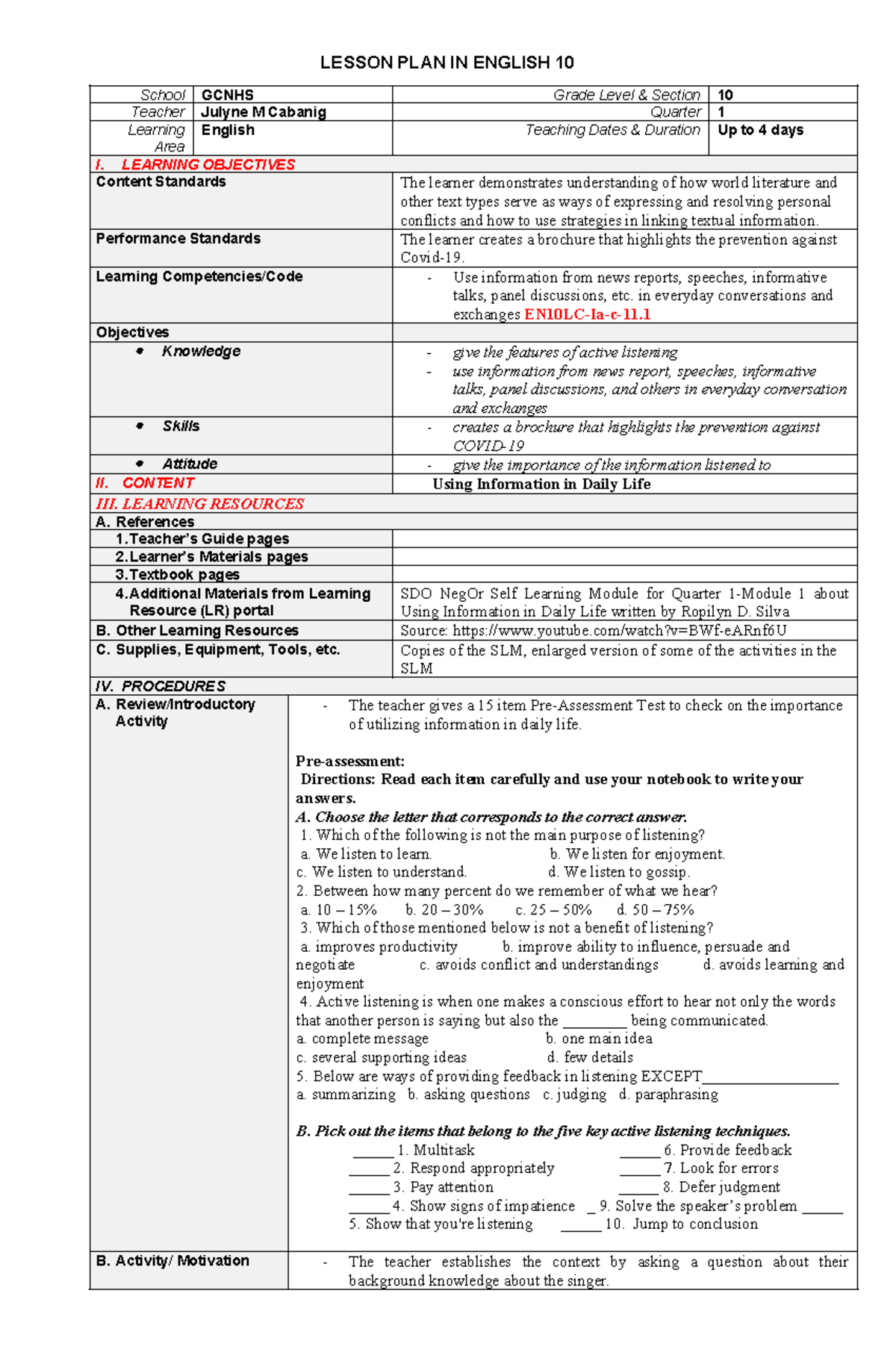 DLP-ENG-G10-Q1-MELC-1: Active Listening Lesson Plan for Week 1 - Studocu