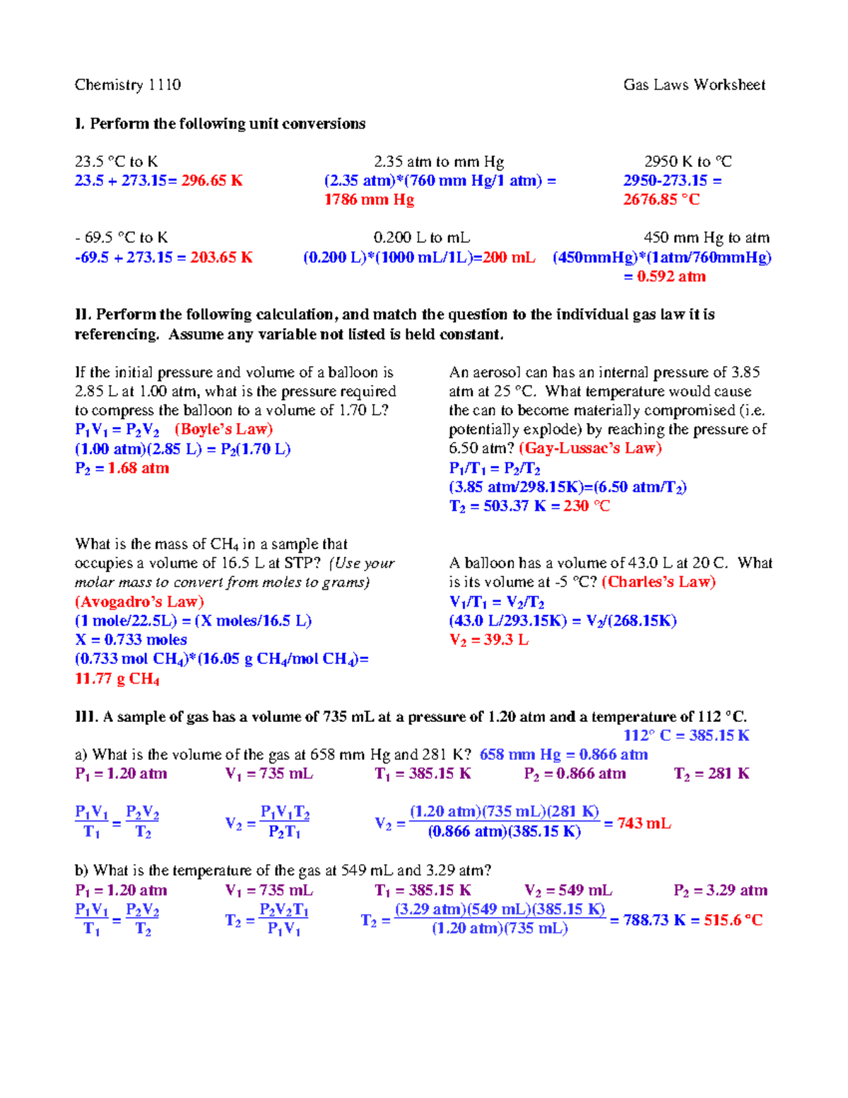 Chemistry 1110 Gas Laws Worksheet Key and Solutions - Studocu